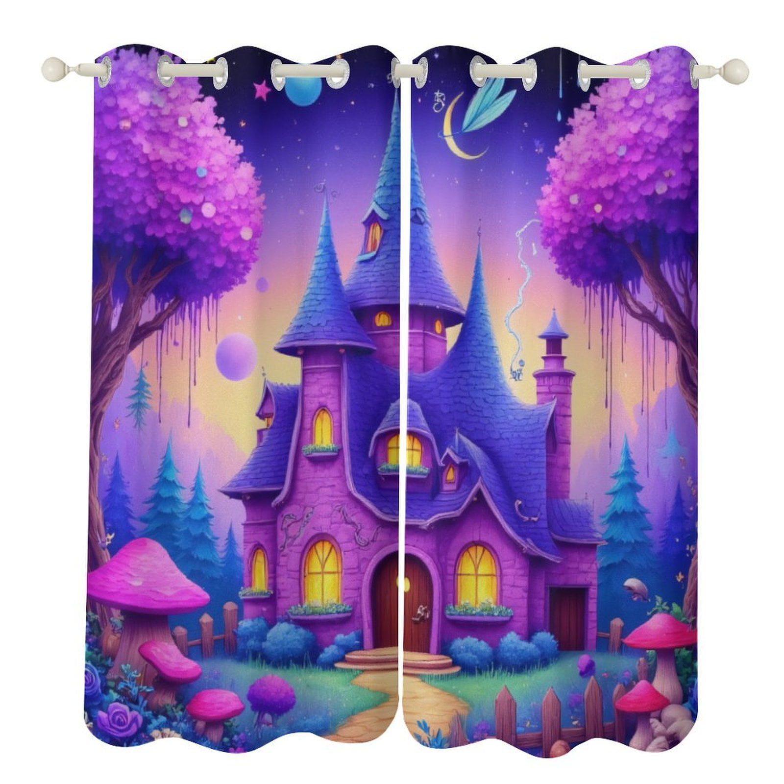 Enchanted Purple Castle Night Scene 2 Panels Curtains for Bedroom ...