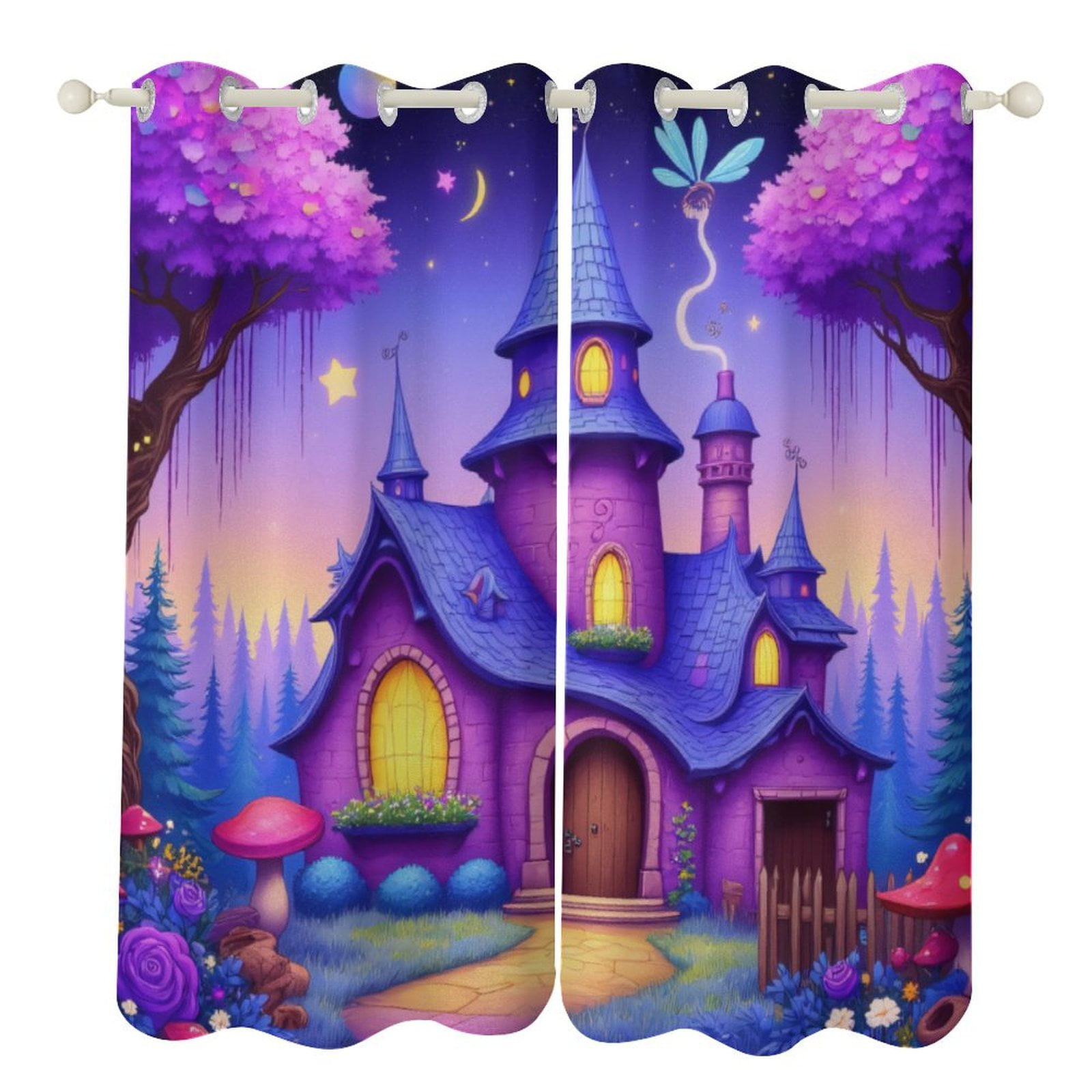 Enchanted Purple Castle Night Scene Luxury Window Curtains Blinds for ...
