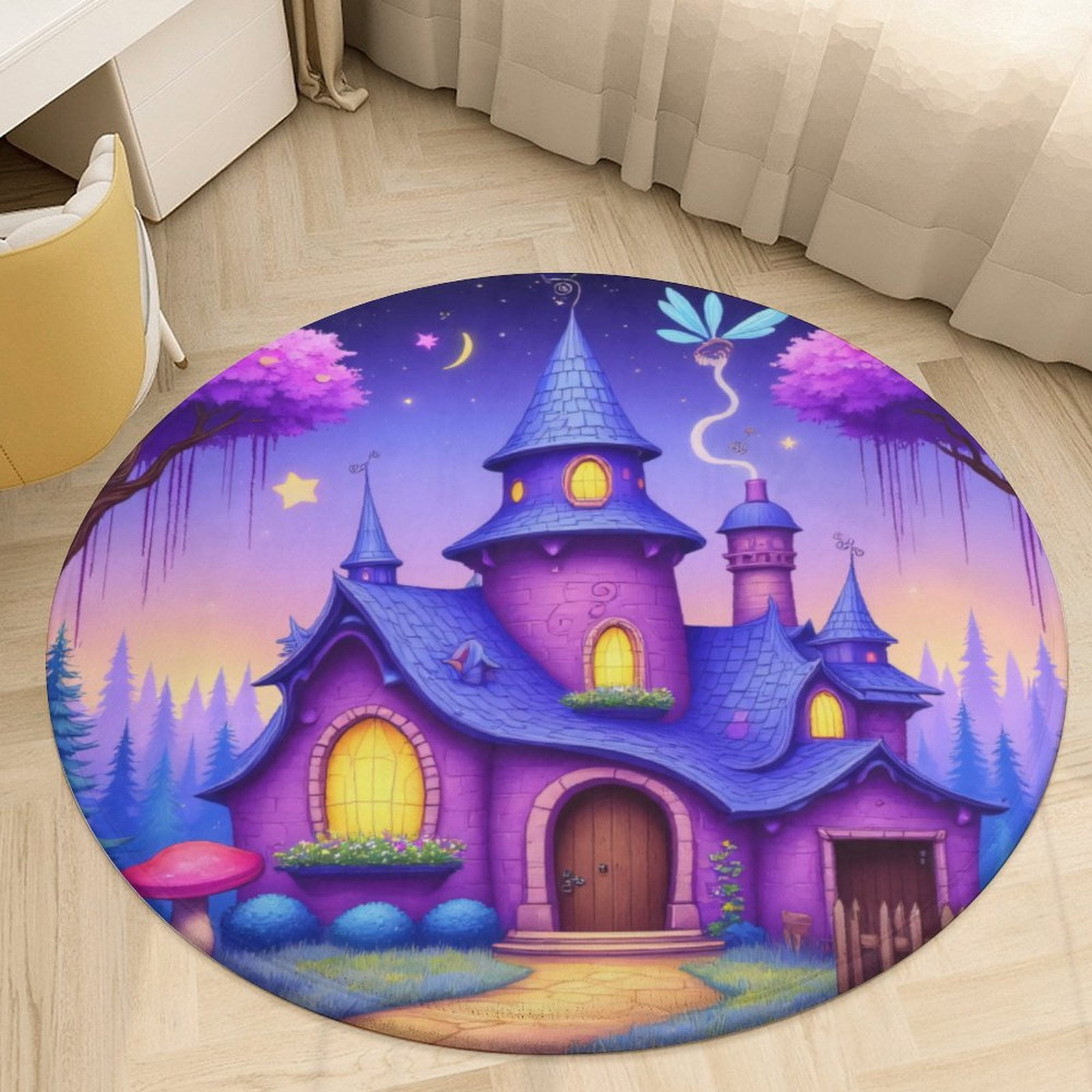 Enchanted Purple Castle Night Scene Round Area Rugs for Bedroom Living ...
