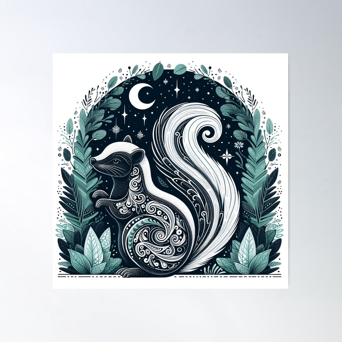 Enchanted Skunk In The Moonlit - Ornamental And Mystical Wildlife Art ...
