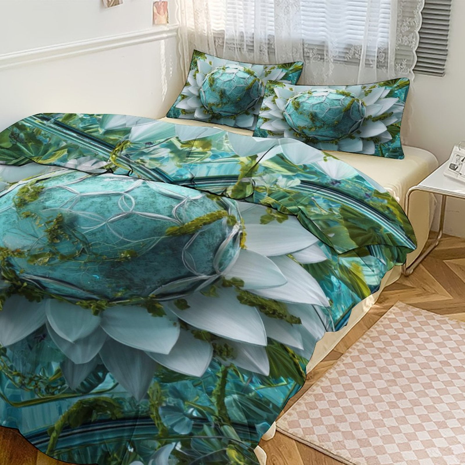 Enchanted Teal Sphere Floral Paradise Bedding Set with Zipper Closure ...