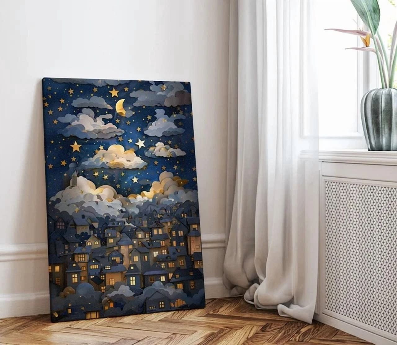 Enchanted Whimsical City Starry Night Scenery Wall Art Home Decor ...