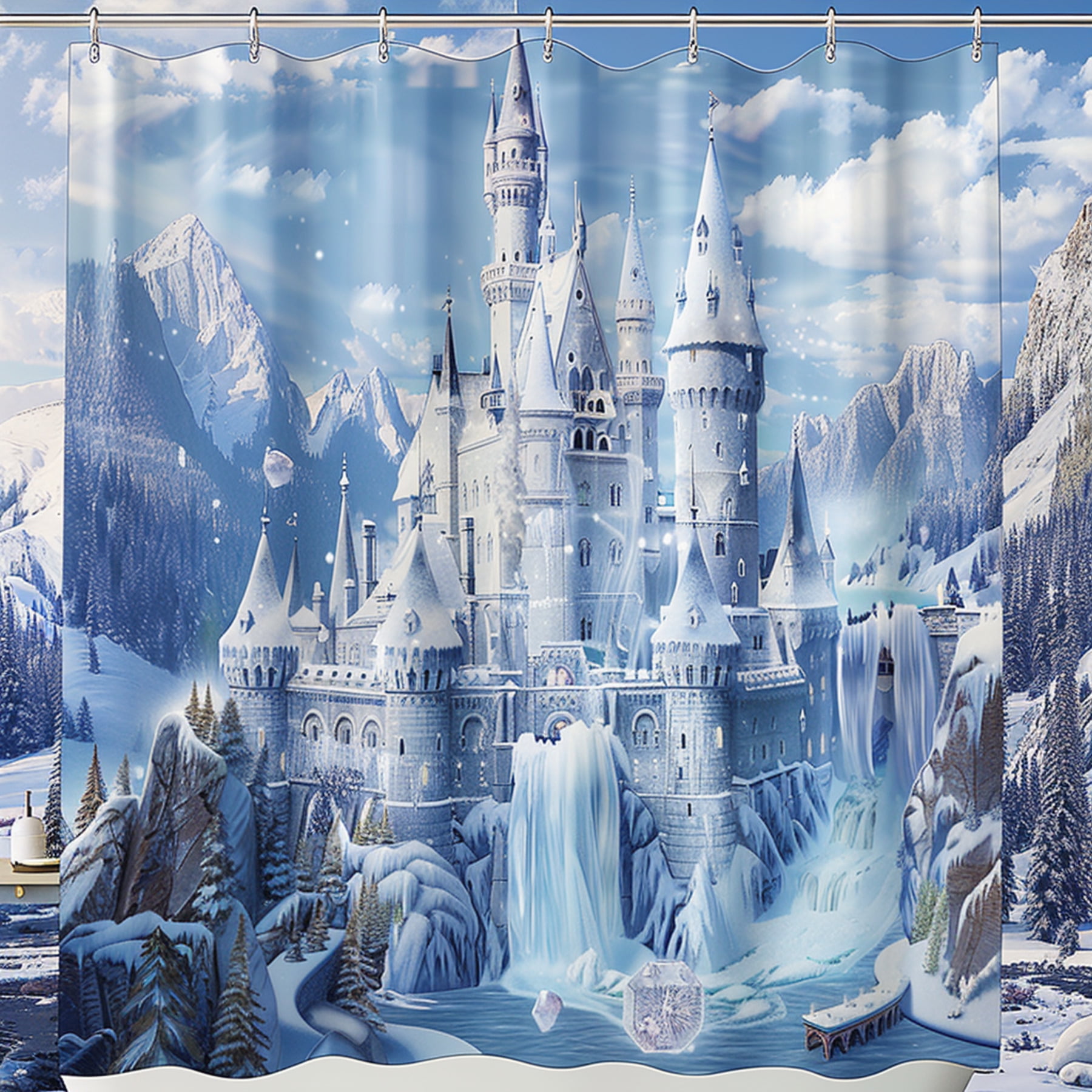 Enchanted Winter Castle Shower Curtain Majestic Mountains Cascading ...