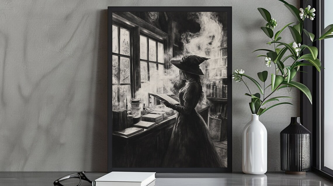 Enchanted Witch In Library Art Print, Gothic Witchcraft Decor, Dark ...