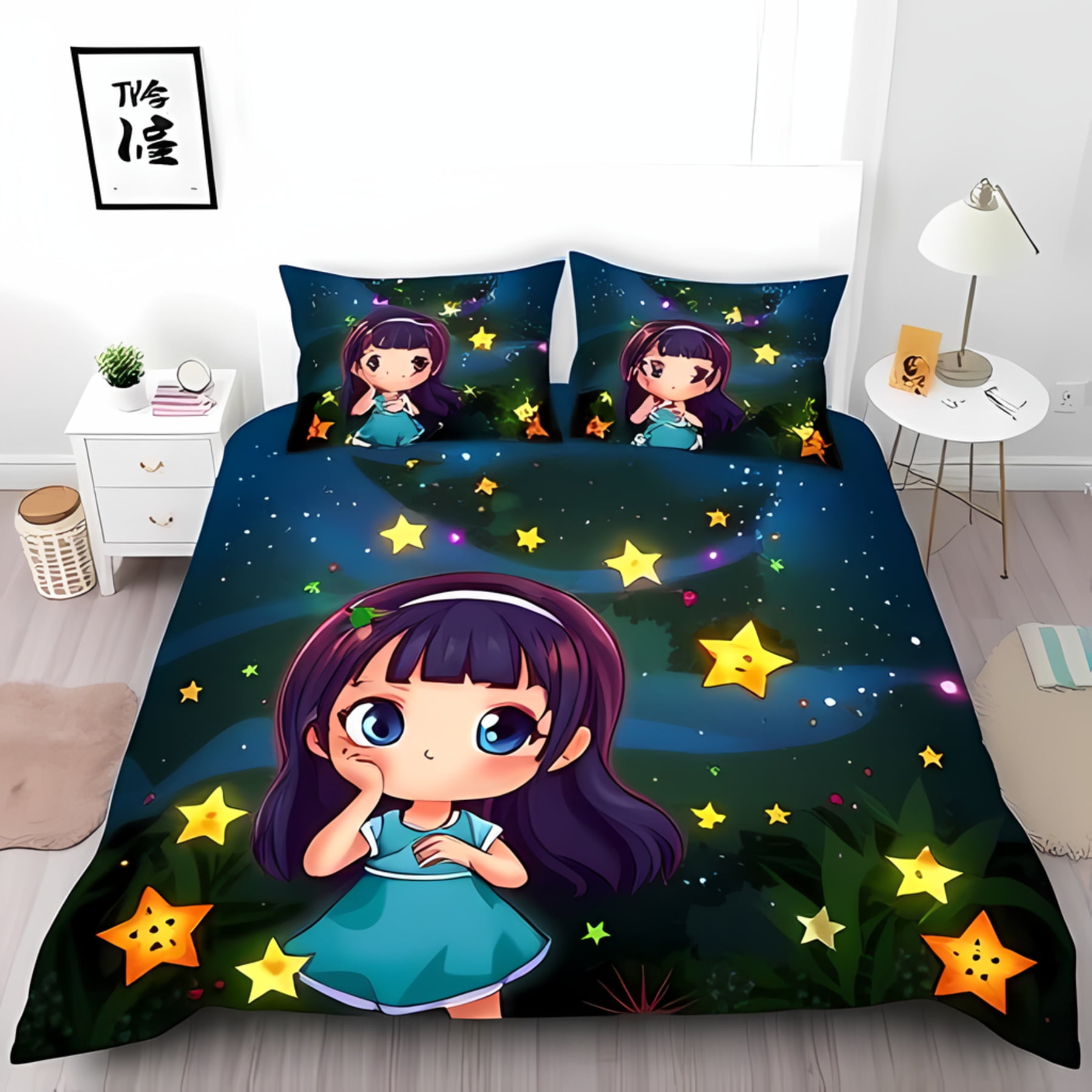 Enchanting 3-Piece Anime Duvet Cover Set - Dreamy Girl with Purple Hair ...