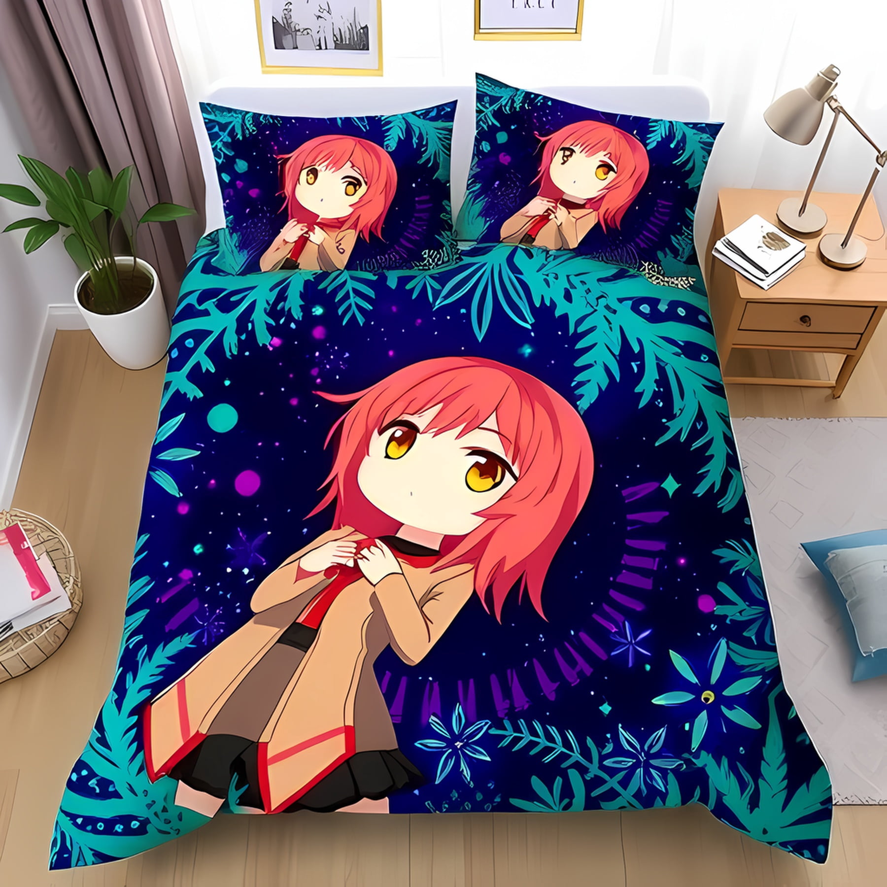 Enchanting 3-Piece Anime Girl Duvet Cover & Pillowcase Set - Whimsical ...