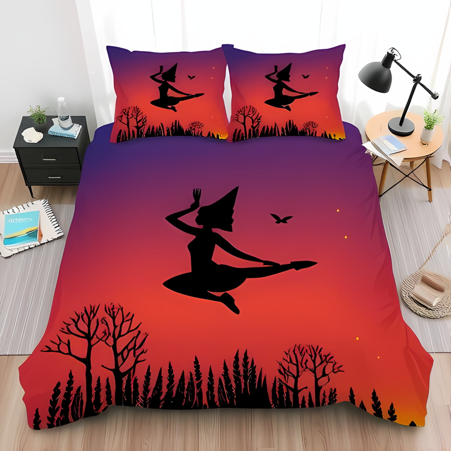 Enchanting 3-Piece Duvet Cover Set - Witch on Sunset Gradient Cozy ...
