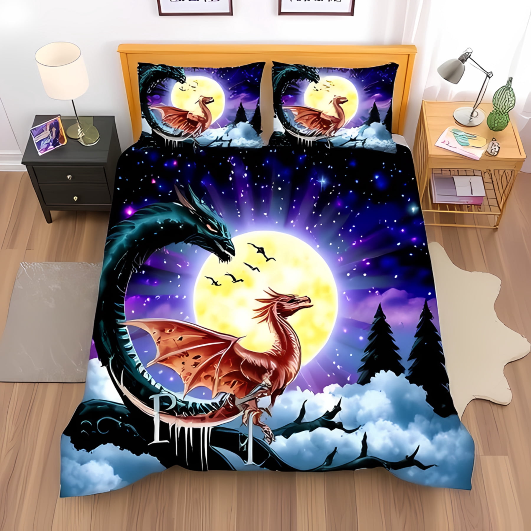 Enchanting 3-Piece Duvet Cover Set with Majestic Dragons & Full Moon ...
