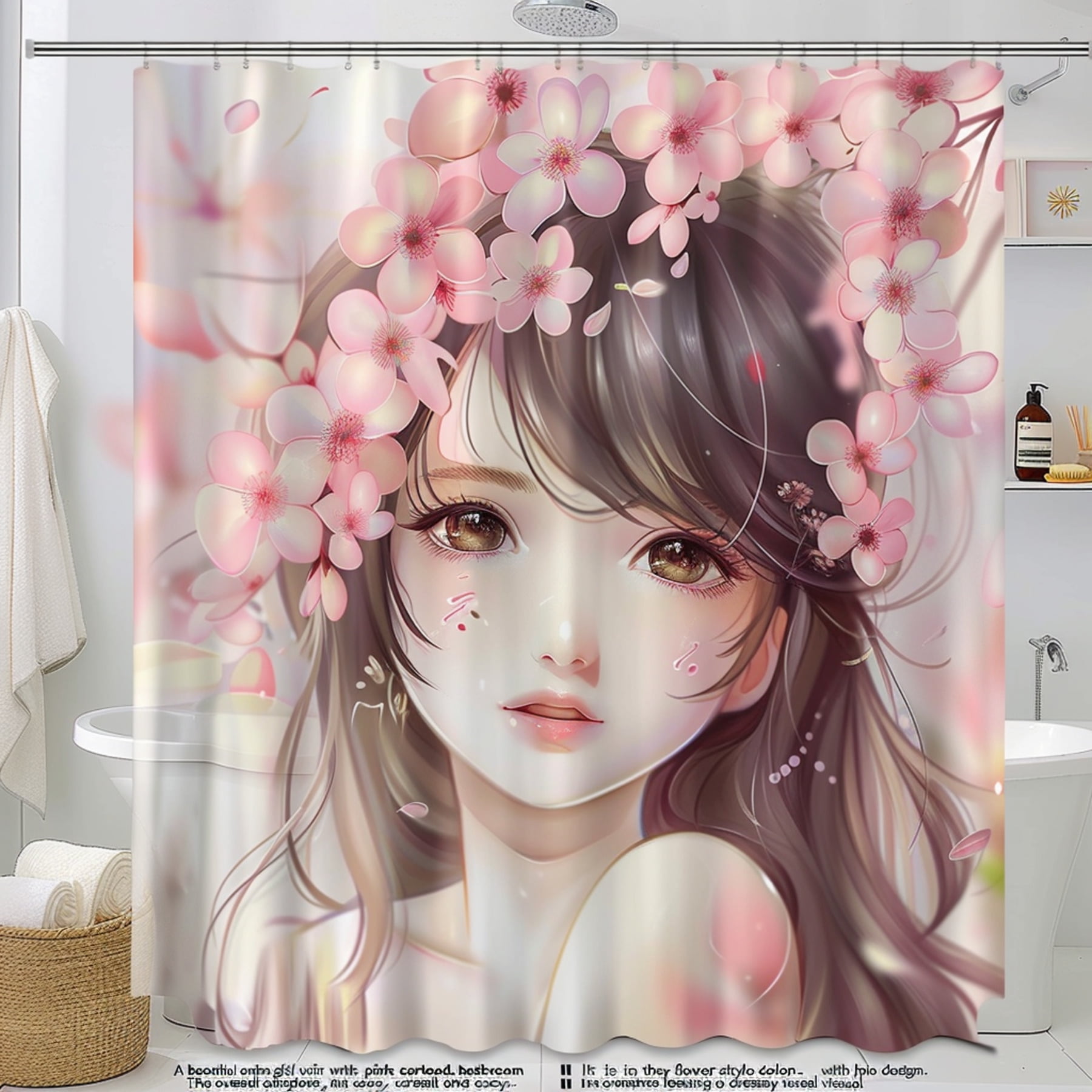Enchanting Anime Girl Floral Shower Curtain Cartoon Style Design Bright ...