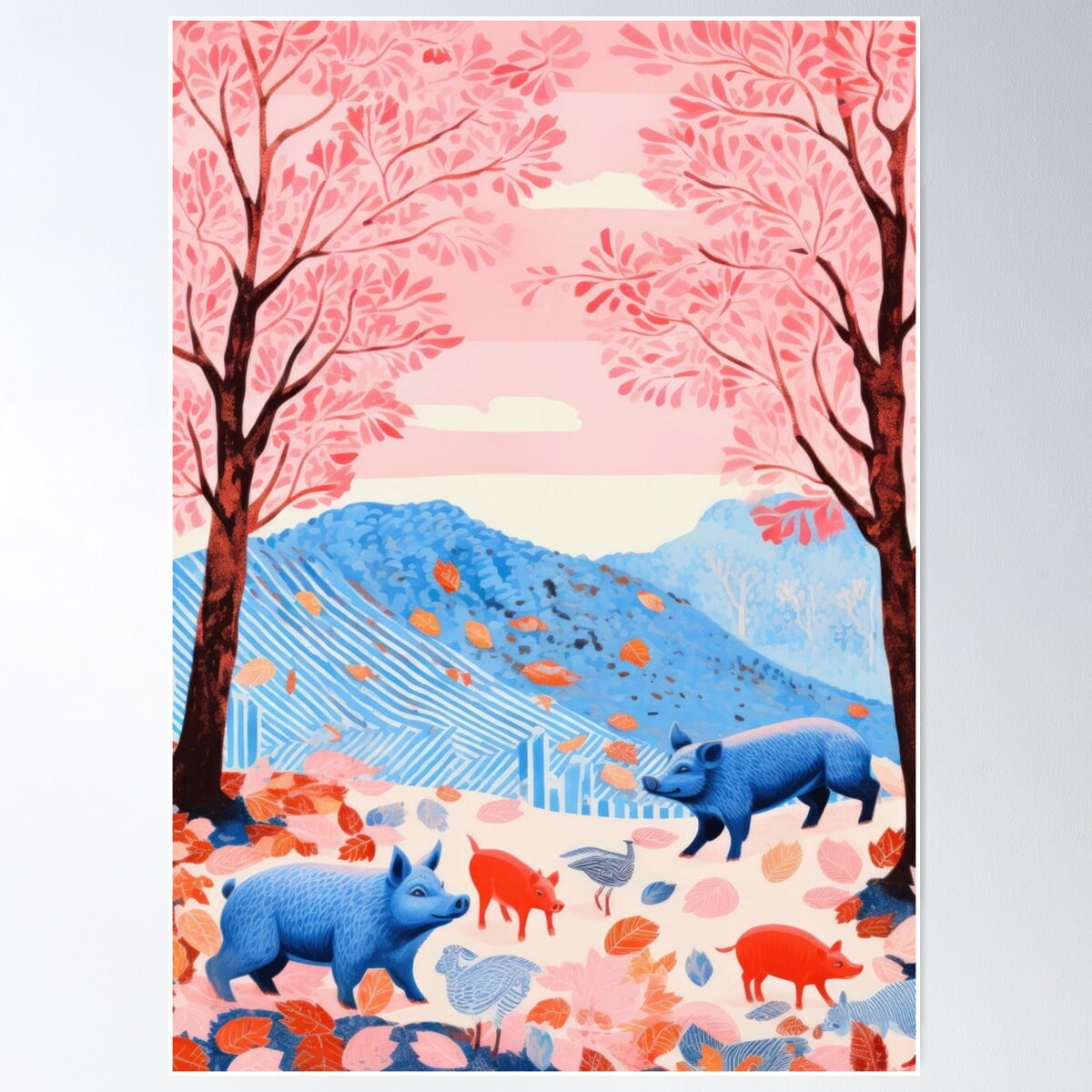 Enchanting Autumn Forest Scene With Pink And Blue Wild Boars | Vintage ...