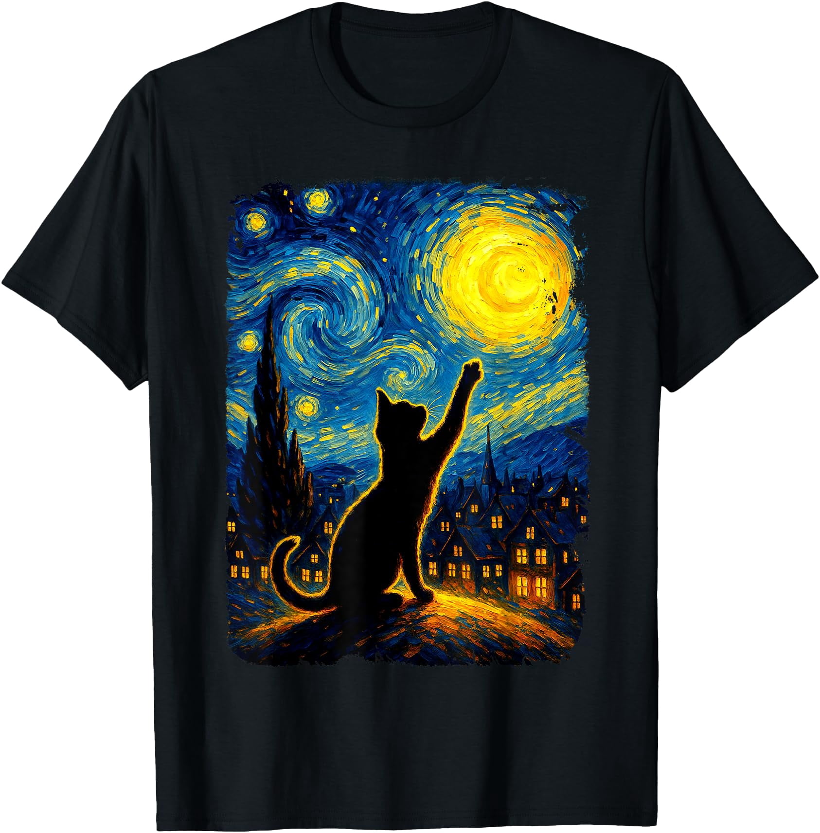 Enchanting Black Cat Swirling Moon Starry Sky Village T-Shirt for Cat ...