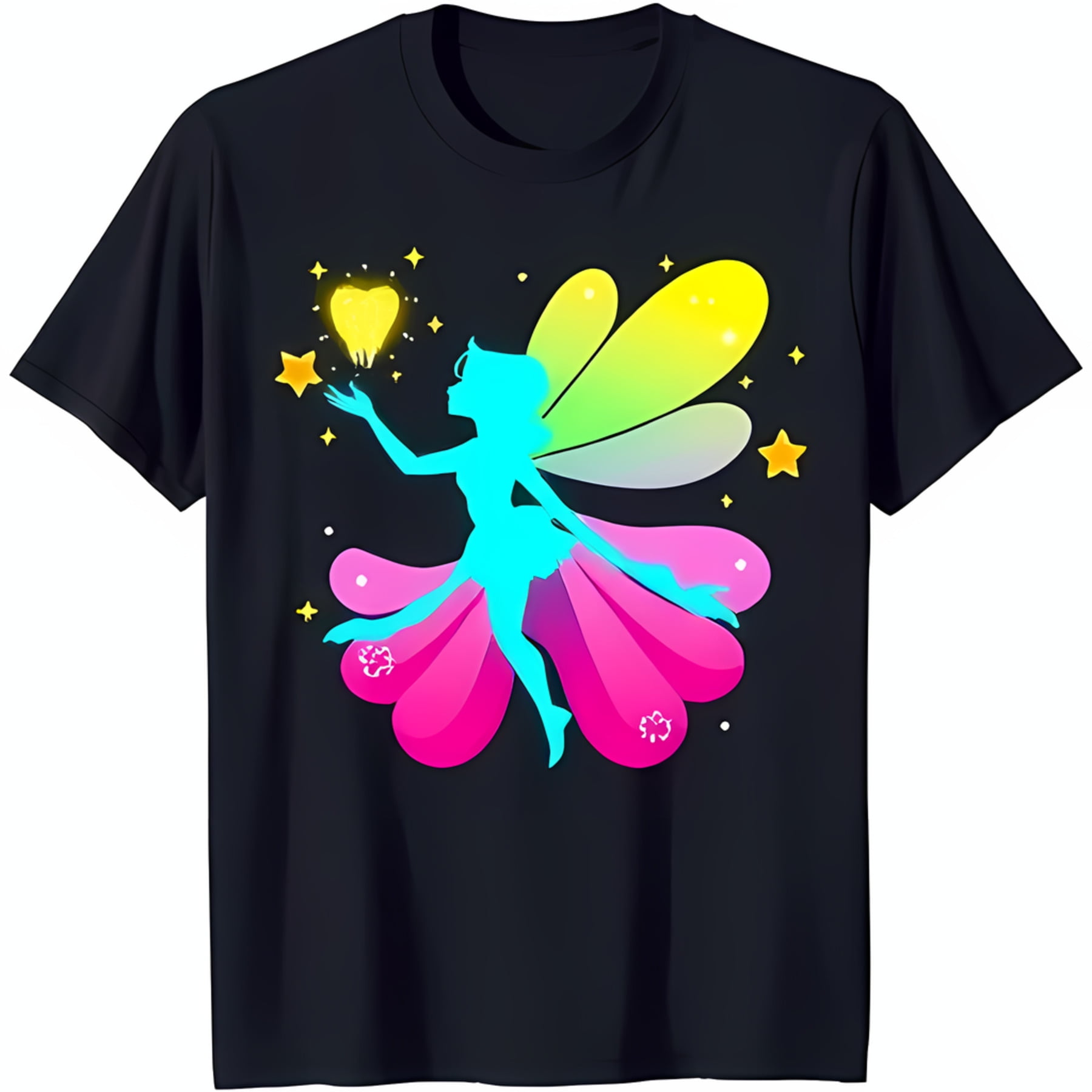 Enchanting Black T-Shirt with Colorful Graphic & Sparkling Heart Design ...
