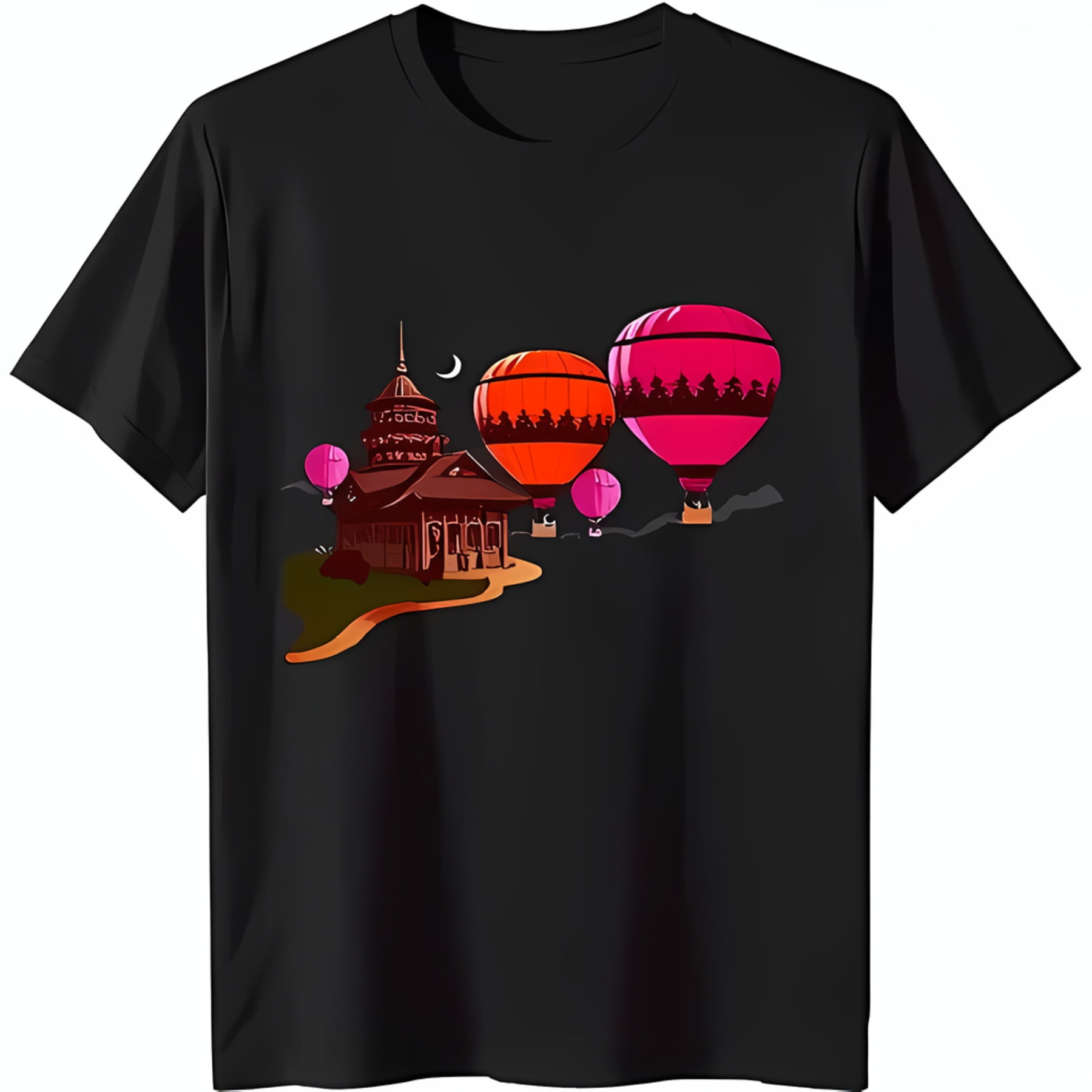 Enchanting Black T-Shirt with Fairytale Pagoda & Vibrant Hot Air ...