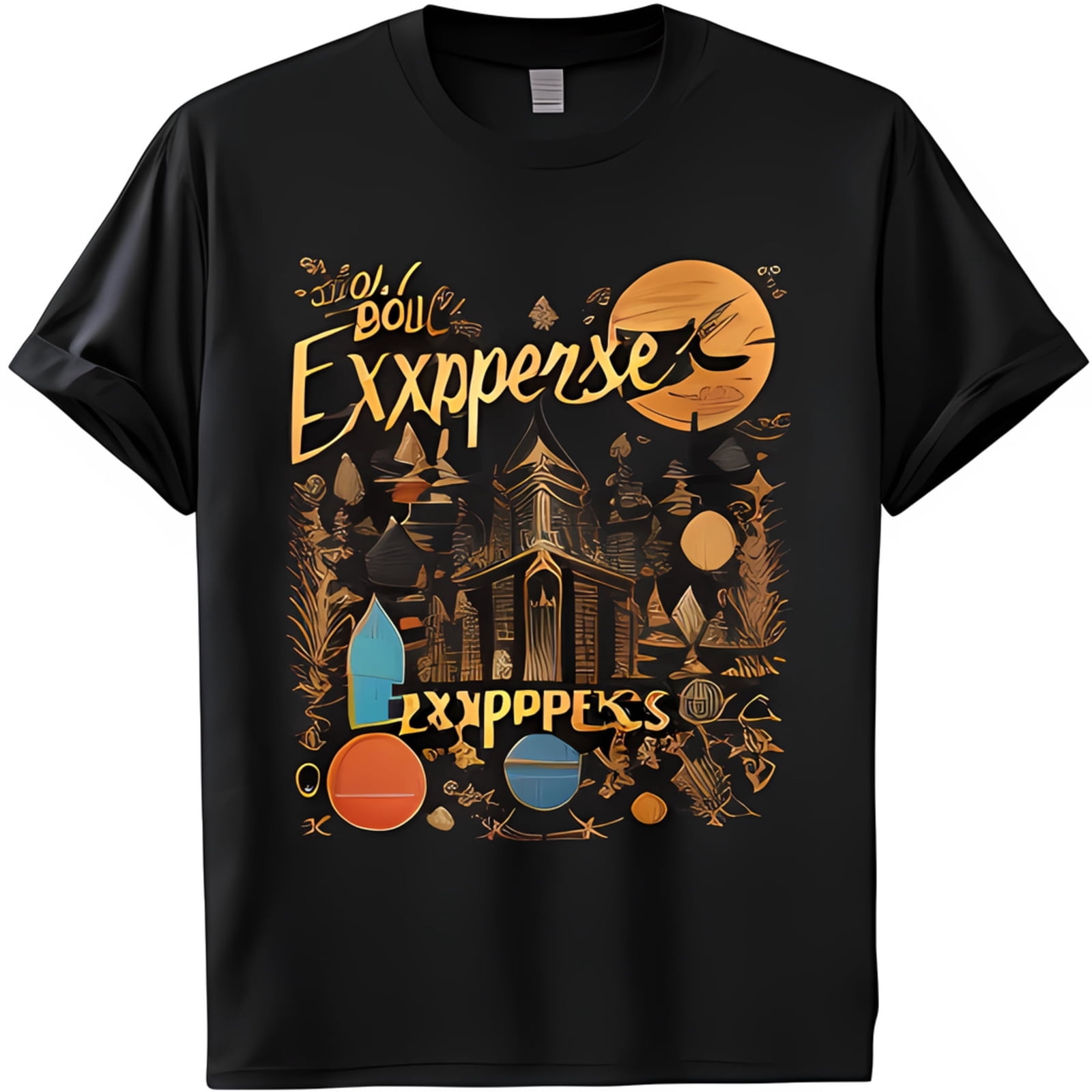 Enchanting Black T-Shirt with Gold Fairytale Graphic Tower Trees Sun ...