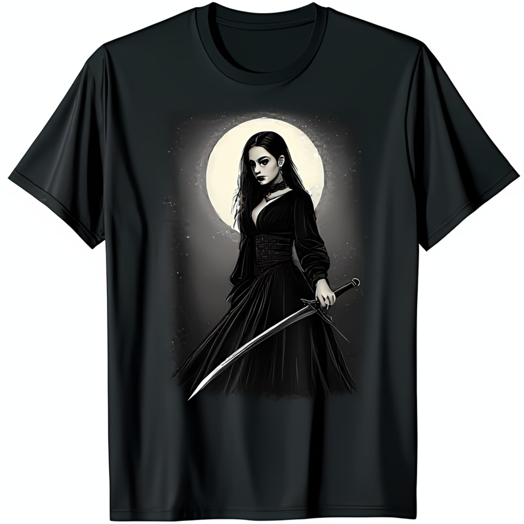 Enchanting Black T-Shirt with Gothic Graphic: Woman in Gown & Under ...