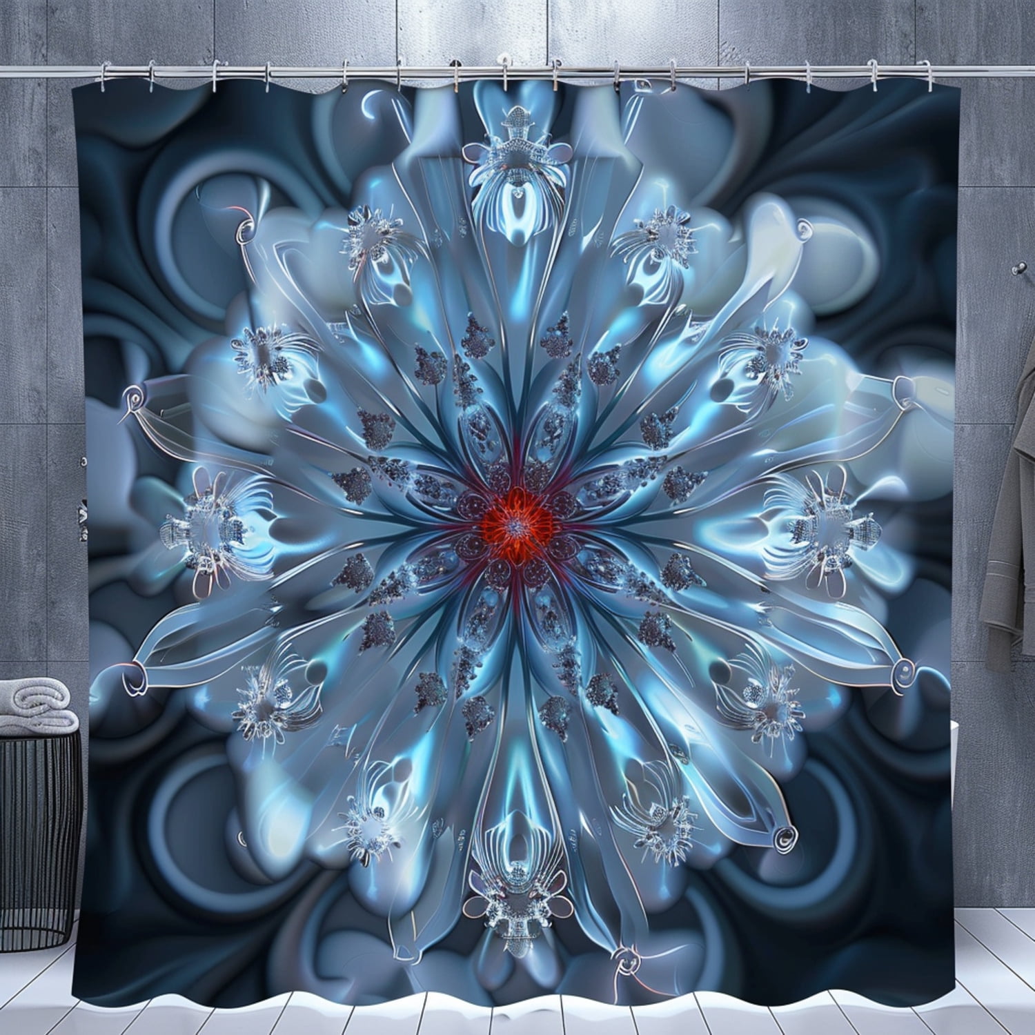 Enchanting Blue and Silver Floral Shower Curtain with Red Center - High ...