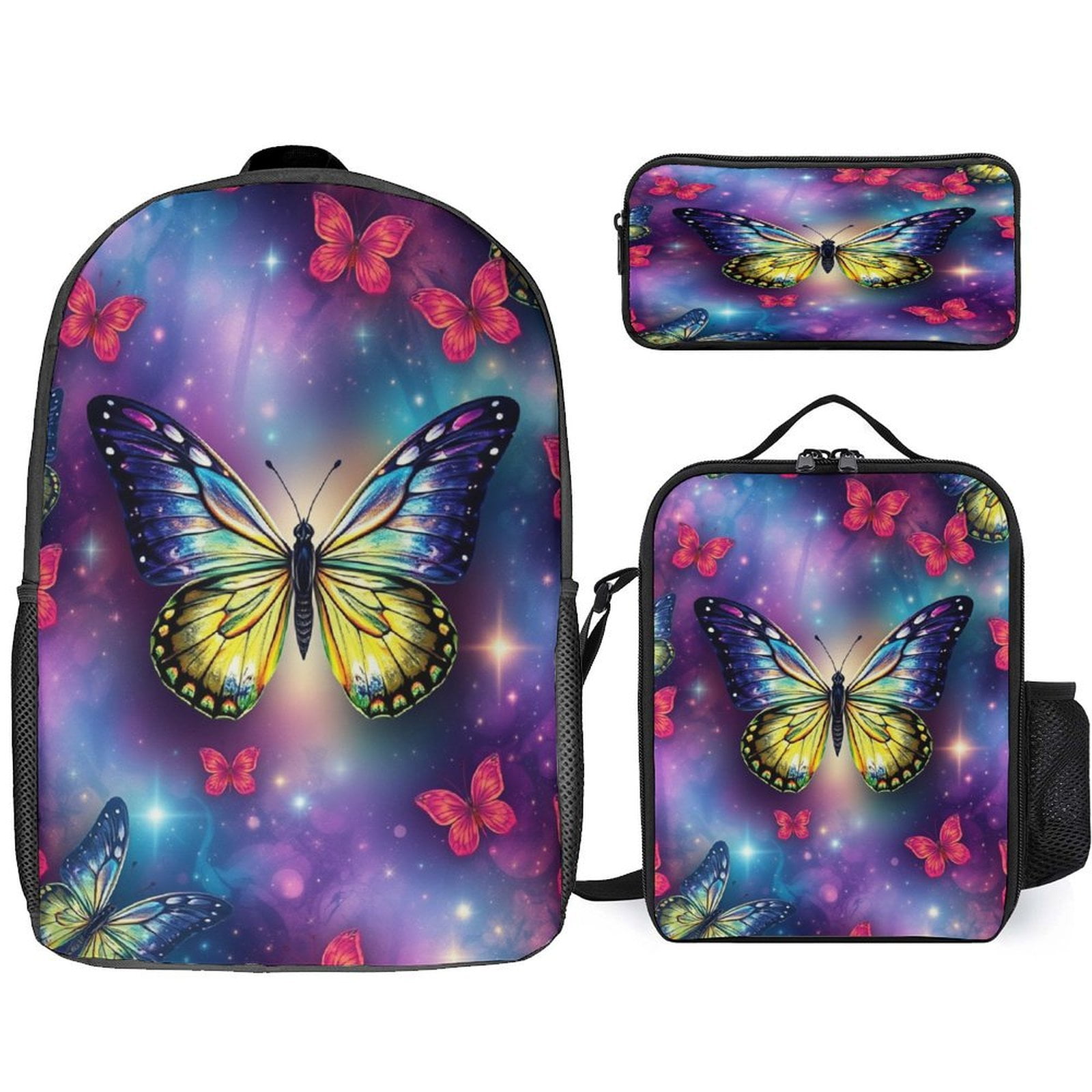 Enchanting Butterfly Backpack Student BookBag Bag Shoulder Bags 3ps Insulated Lunch Bag Pencil ...