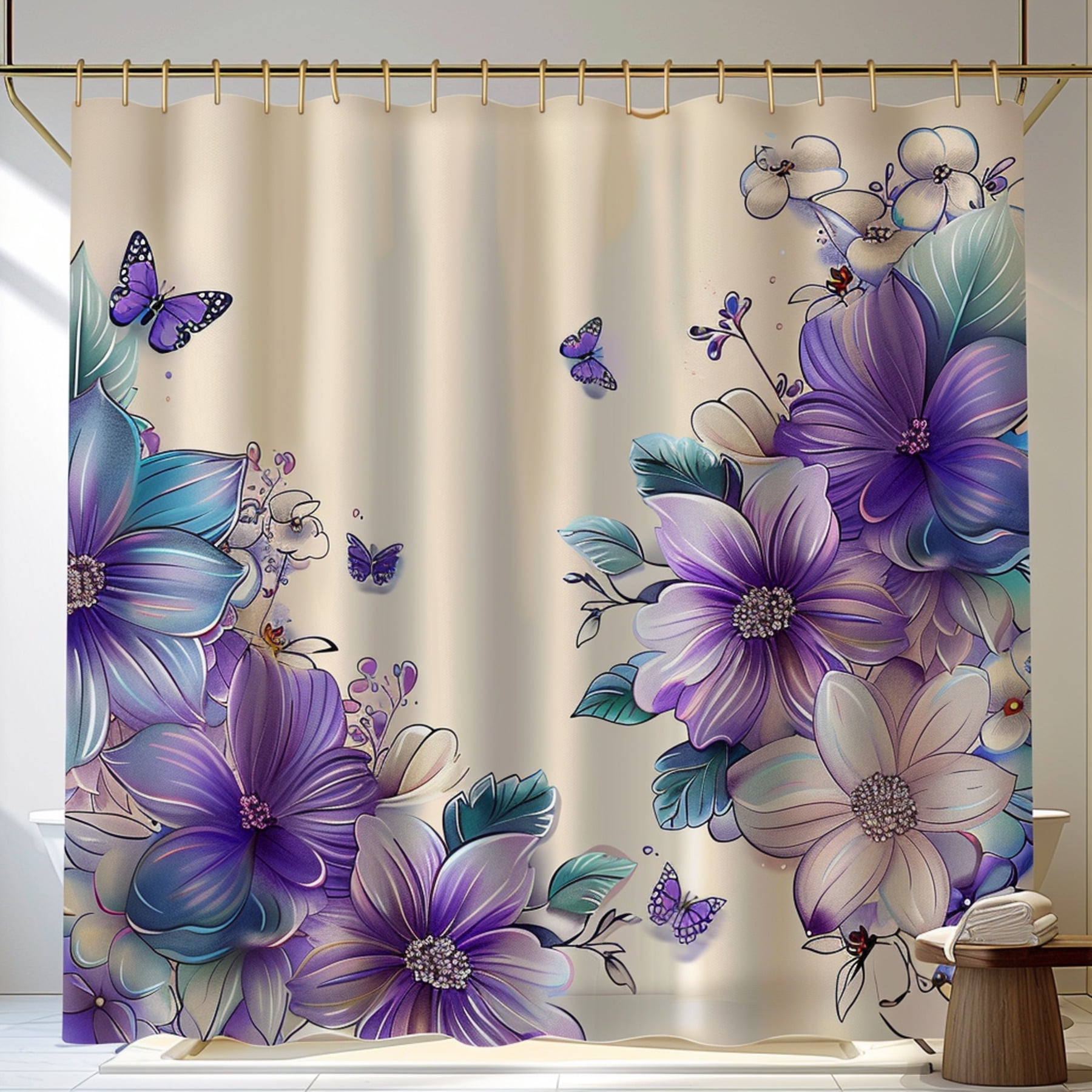 Enchanting Butterfly Garden Shower Curtain Purple and Blue Flowers in Hyperrealistic Beige Style ...