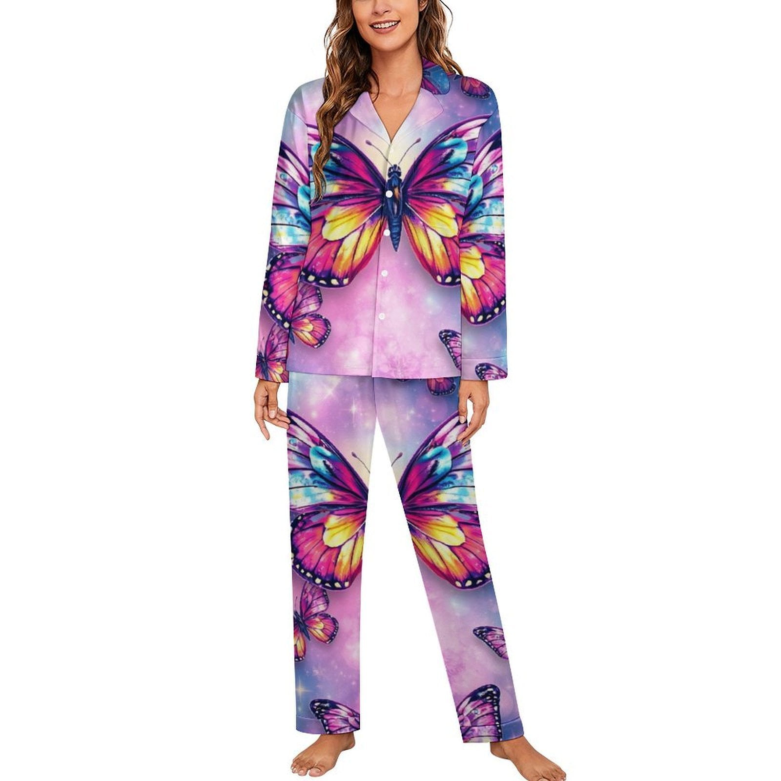 Enchanting Butterfly Pajamas Long-Sleeve Two Piece Pajamas Set Women V ...