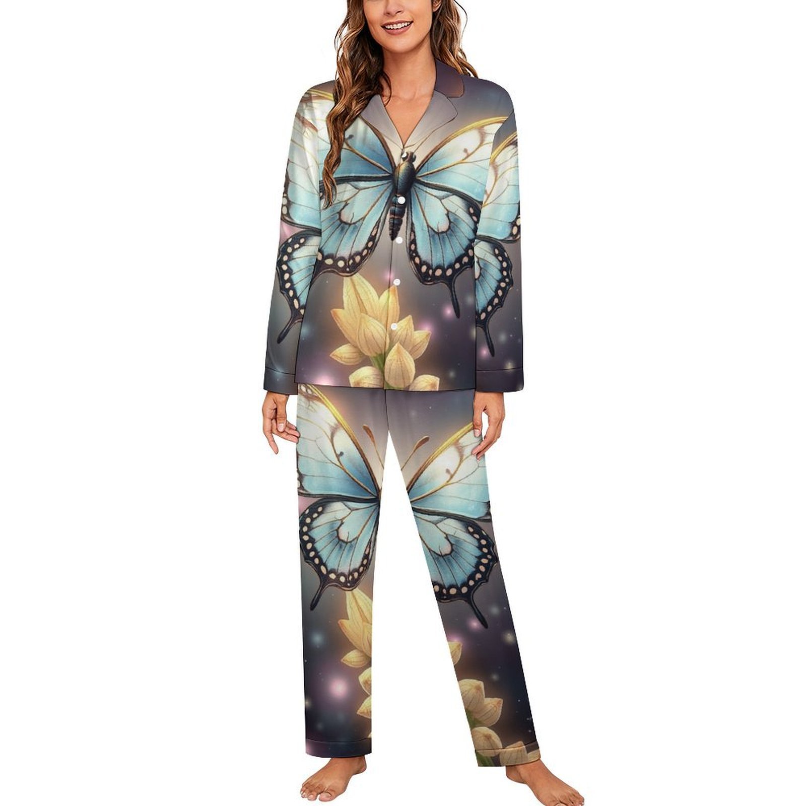 Enchanting Butterfly Pajamas Night V Neck Nightwear Lady Two Piece Long ...