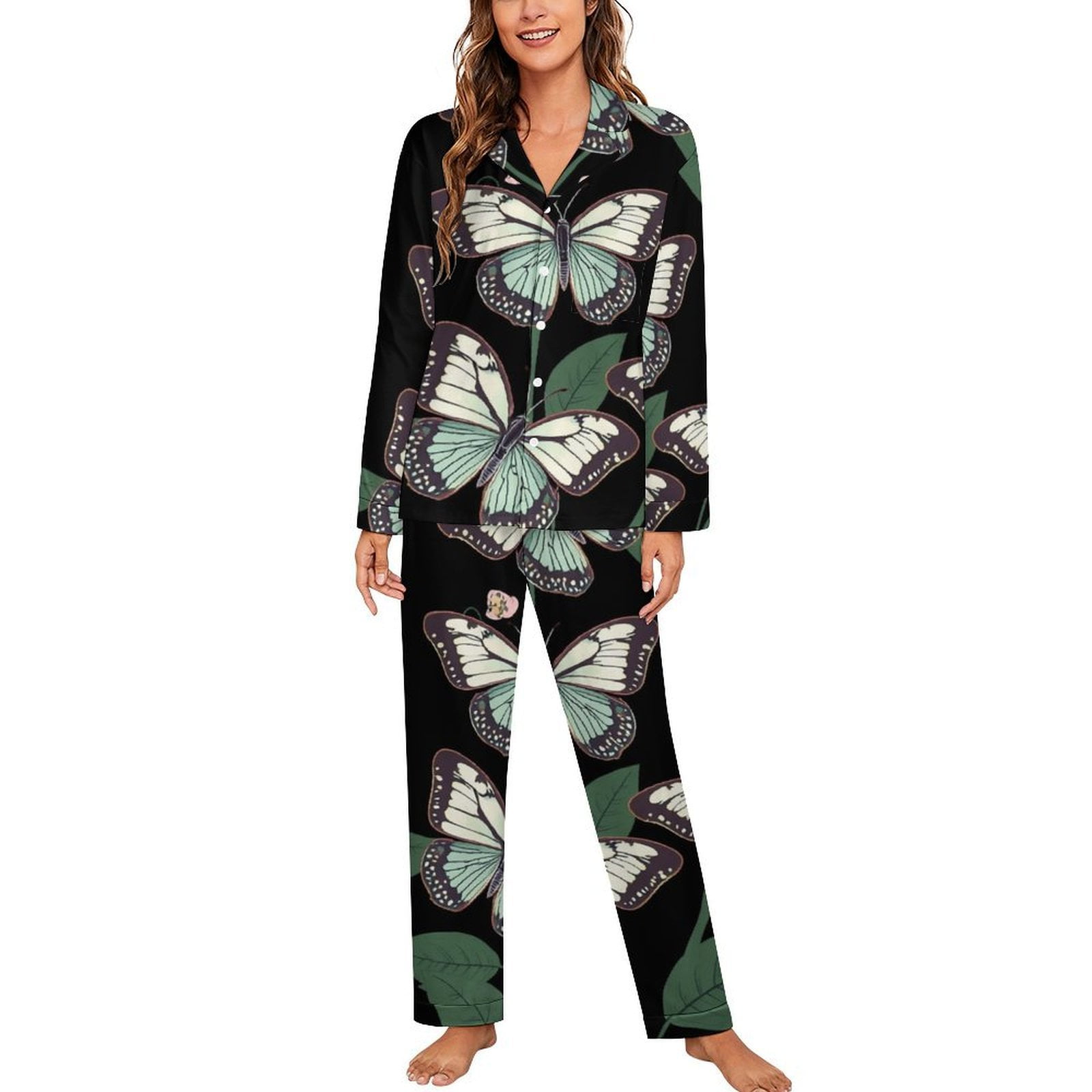 Enchanting Butterfly Pajamas Night V Neck Nightwear Lady Two Piece Long ...