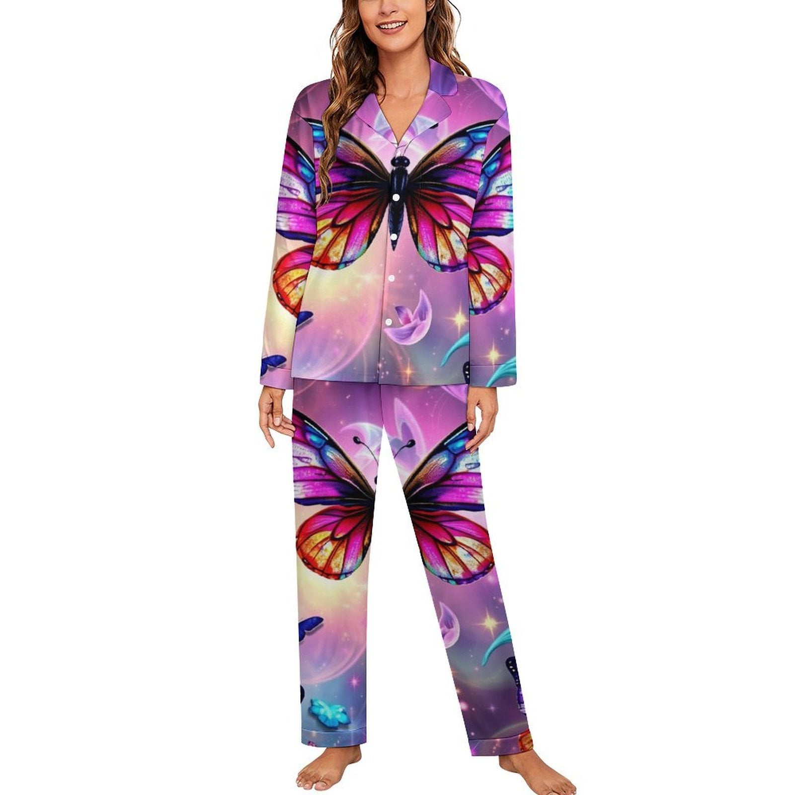 Enchanting Butterfly Pajamas Night V Neck Nightwear Lady Two Piece Long ...
