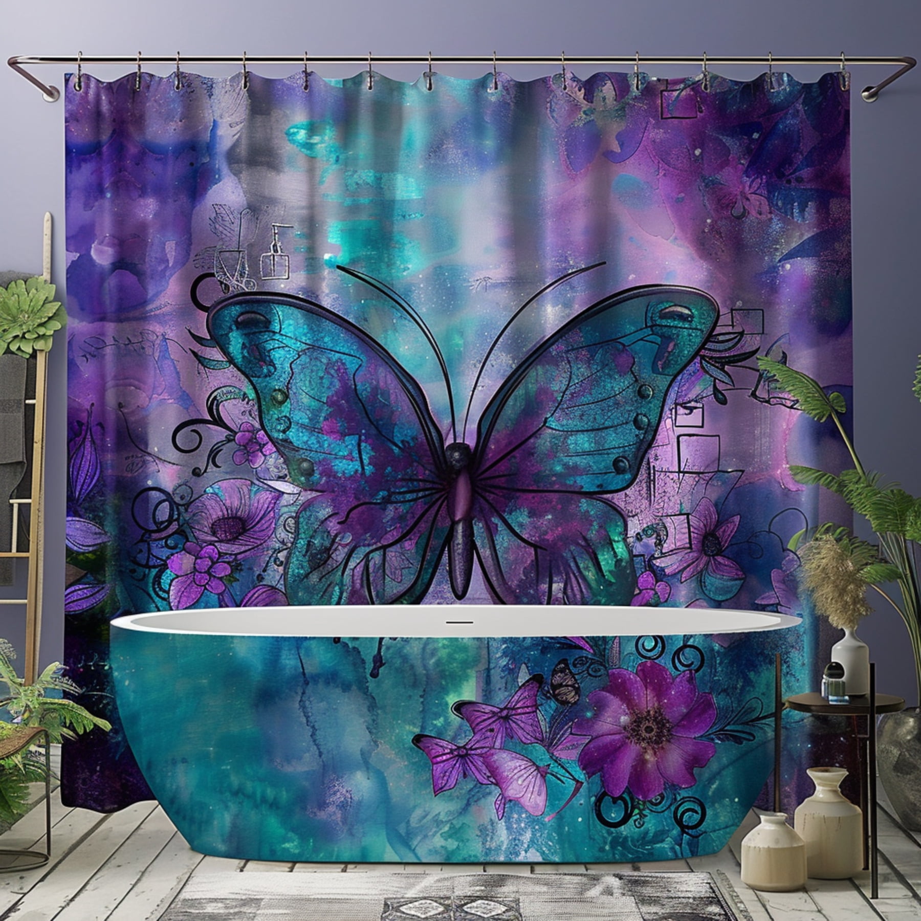 Enchanting Butterfly and Floral Bathroom Oasis in Turquoise Blue Magical Watercolor Shower ...