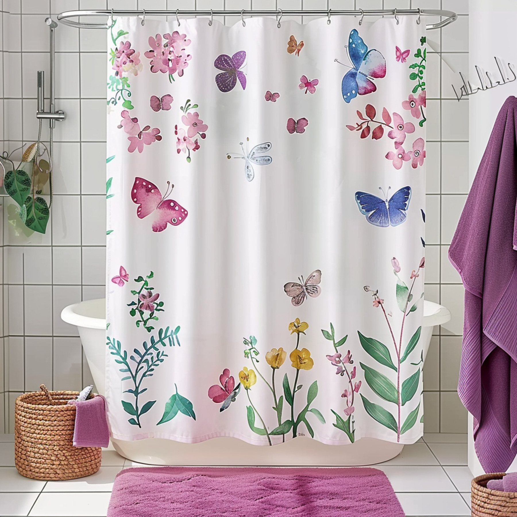 Enchanting Butterfly and Floral Shower Curtain Set Bring Monet's Garden to Your Bathroom Pastel ...