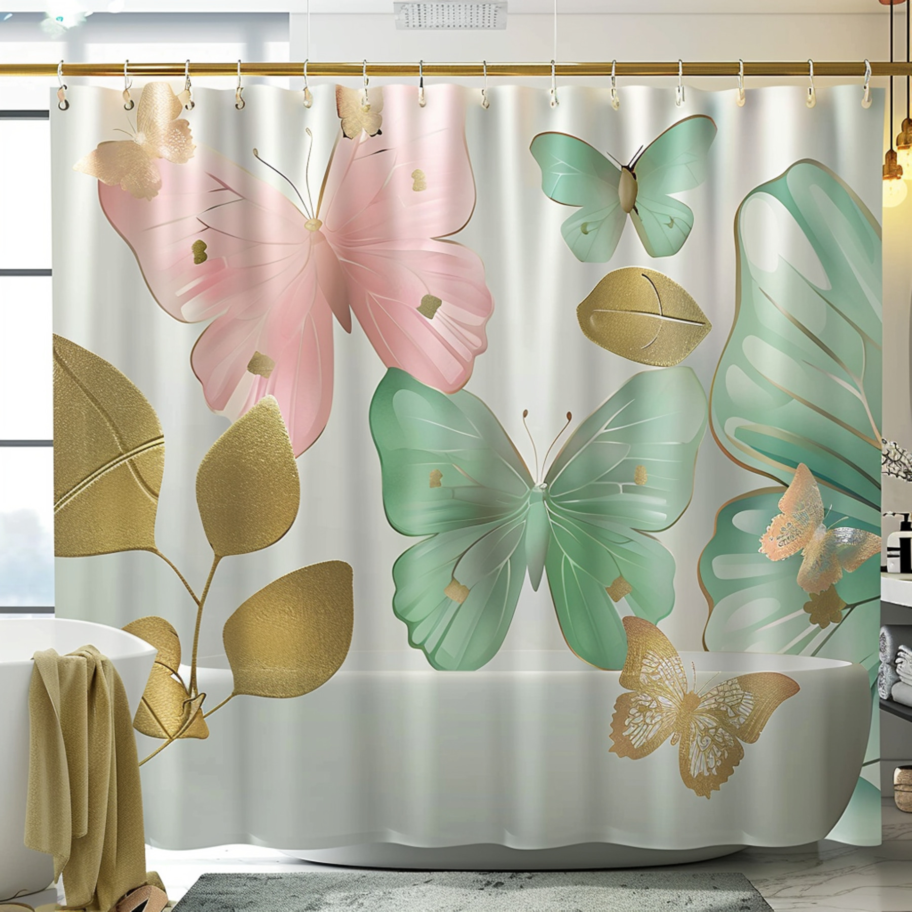 Enchanting Butterfly and Leaf Shower Curtain Vibrant Colors Stunning Design Perfect for Bathroom ...