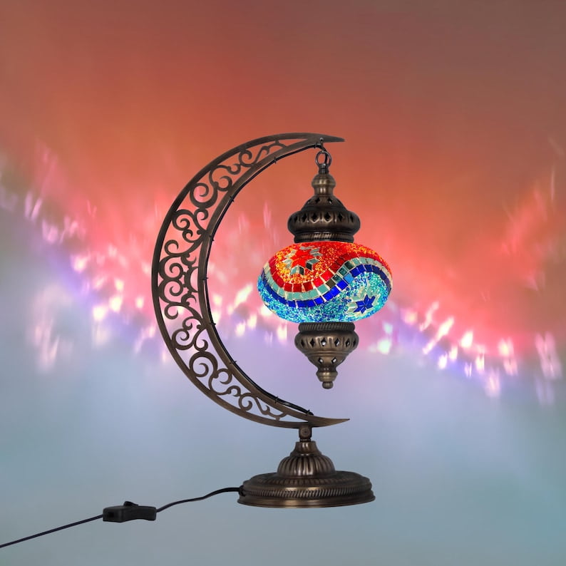 Enchanting Crescent Moon Desk Lamp - Turkish Mosaic Design, Blue Orange ...