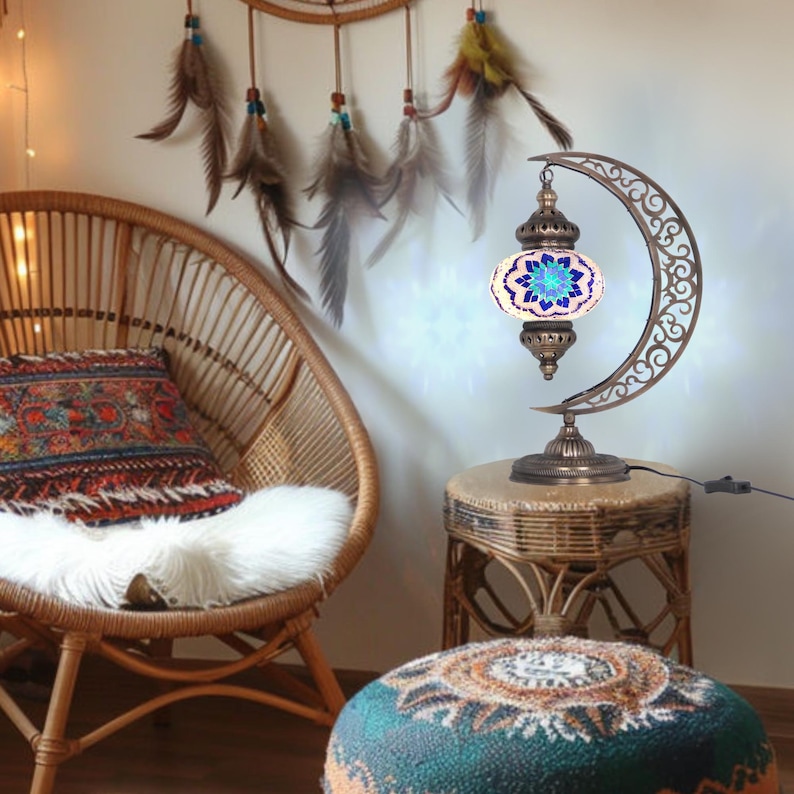 Enchanting Crescent Moon Desk Lamp - Turkish Mosaic Design, Vhite Blue ...