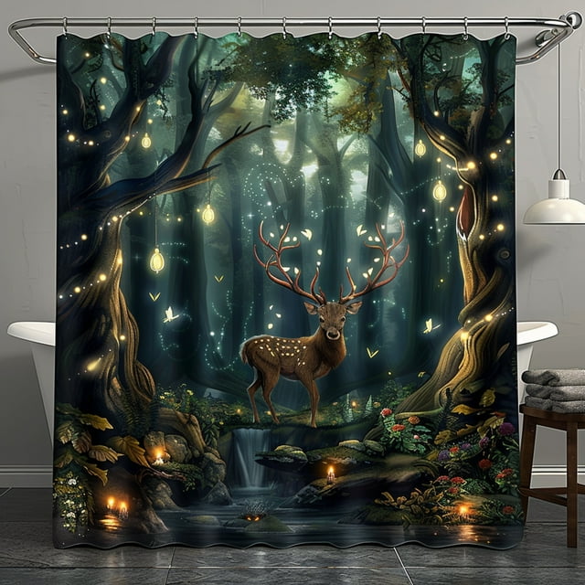 Enchanting Deer in Magical Forest Shower Curtain Dreamy Atmosphere ...