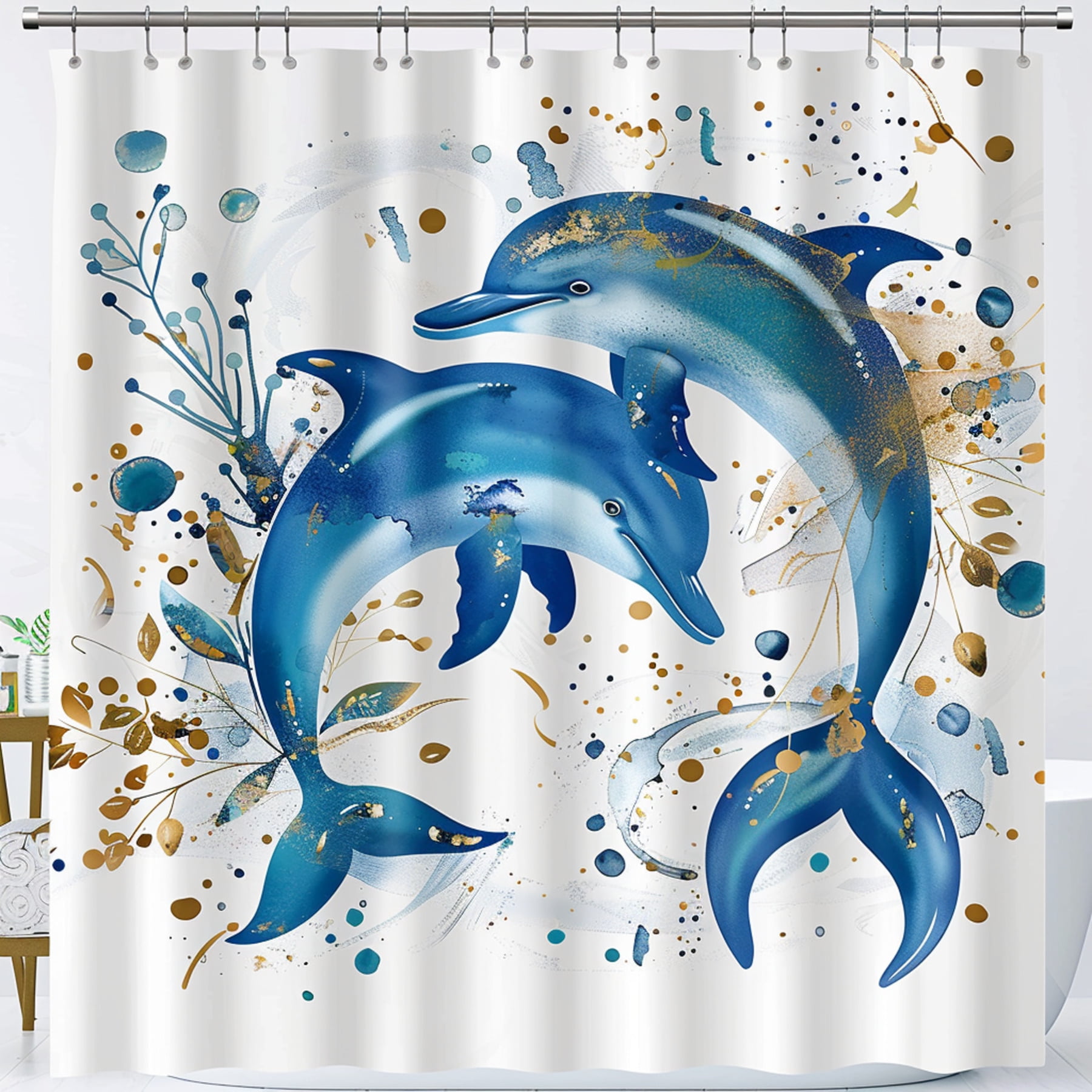Enchanting Dolphin Design Shower Curtain Blue & Gold Color Scheme ...