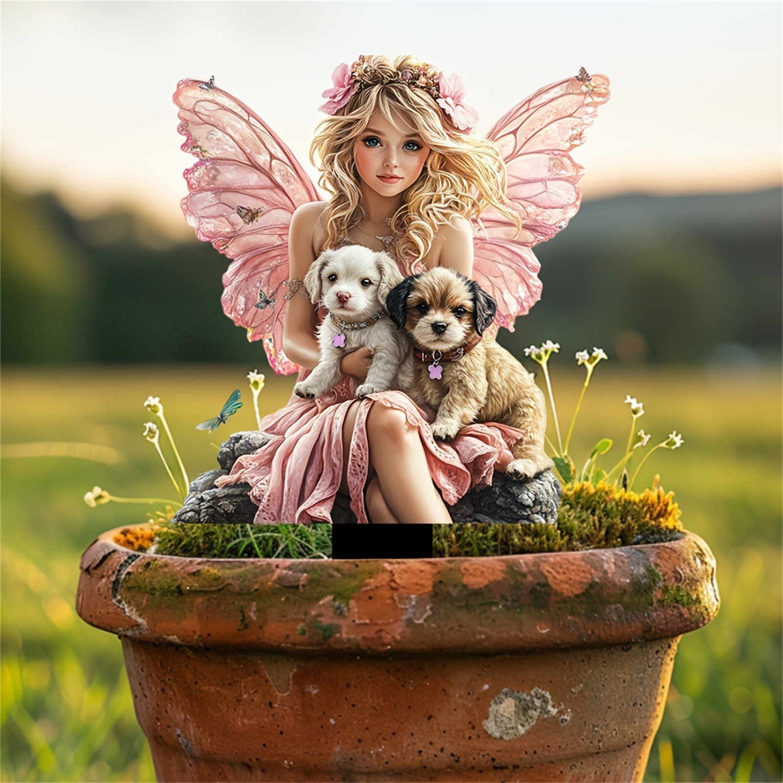 Enchanting Fairy And Dog Garden Pile Indoor And Outdoor Acrylic Pottery ...