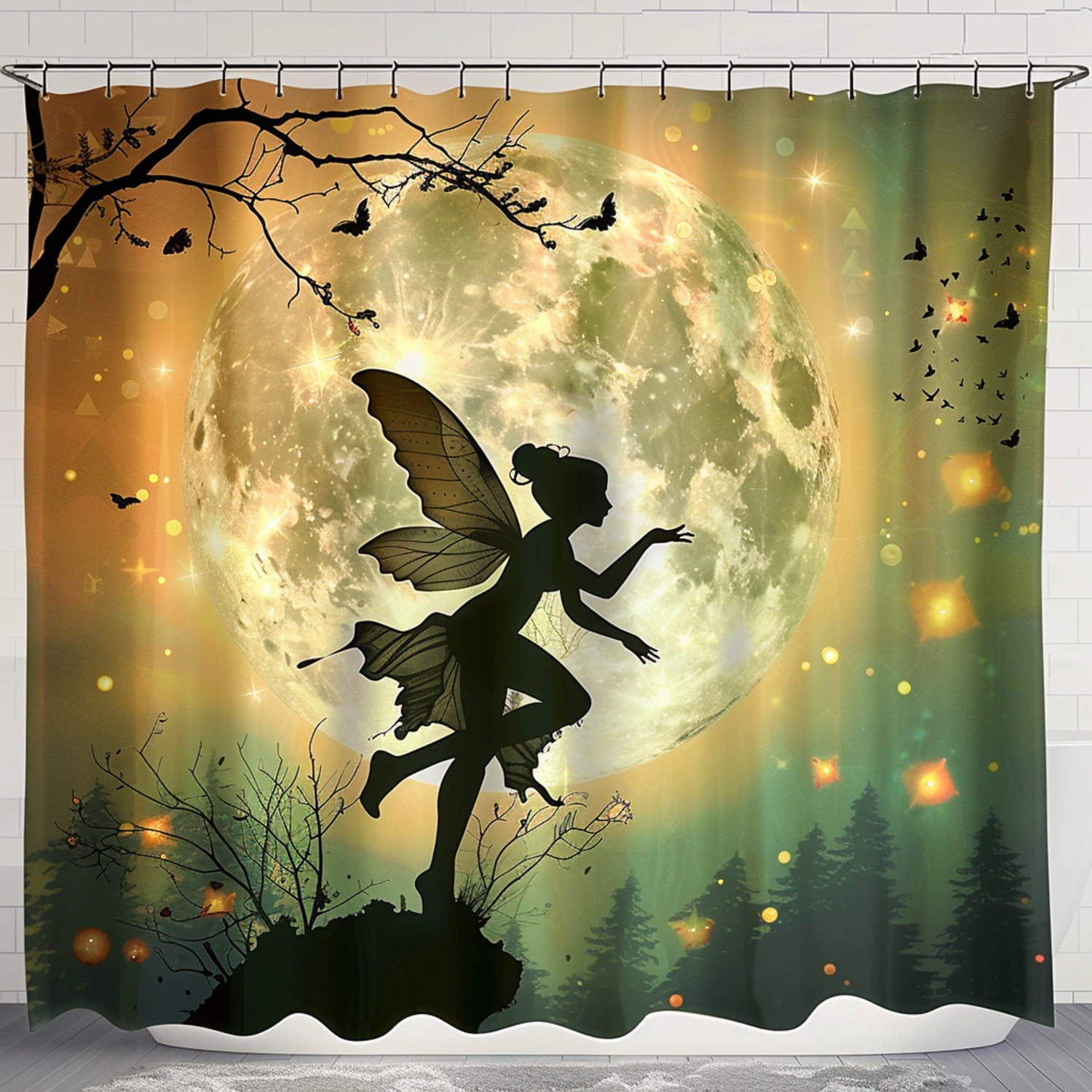 Enchanting Fairy in Moonlight Forest - Vintage Style Bathroom Curtain ...
