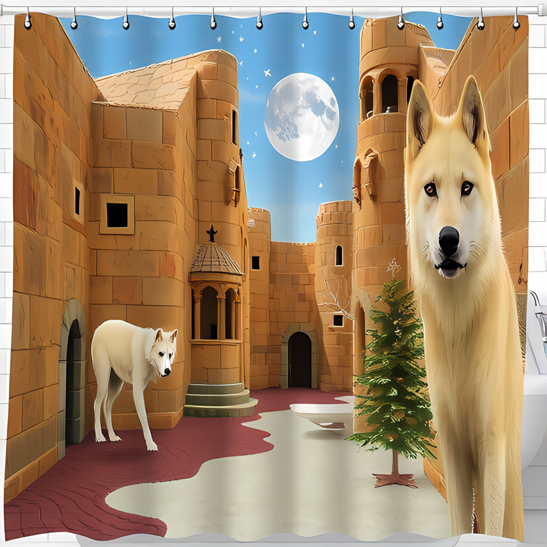 Enchanting Fantasy Castle Shower Curtain - Whimsical Design with Wolves ...