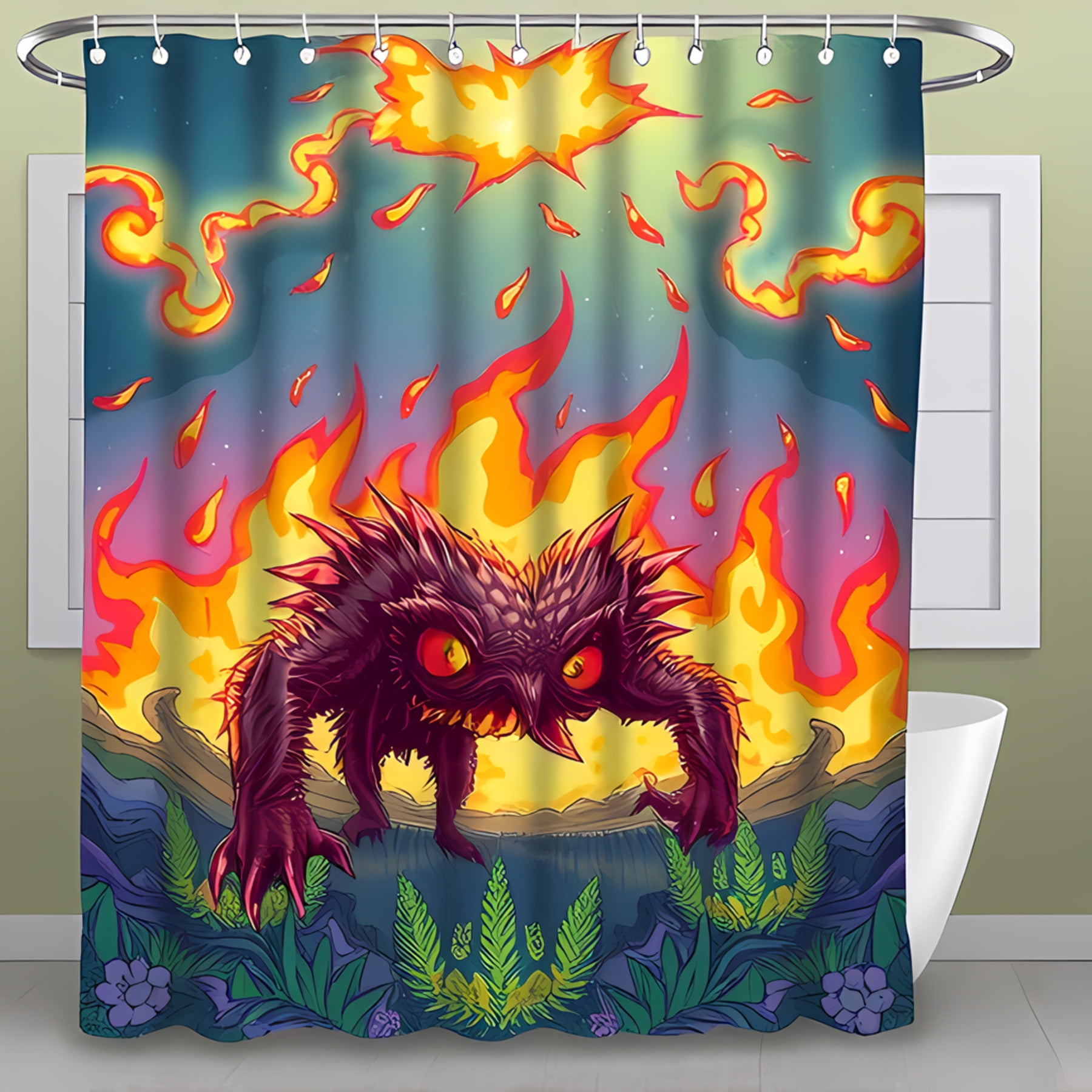 Enchanting Fiery Creature Shower Curtain - Surreal Art with Spiky ...