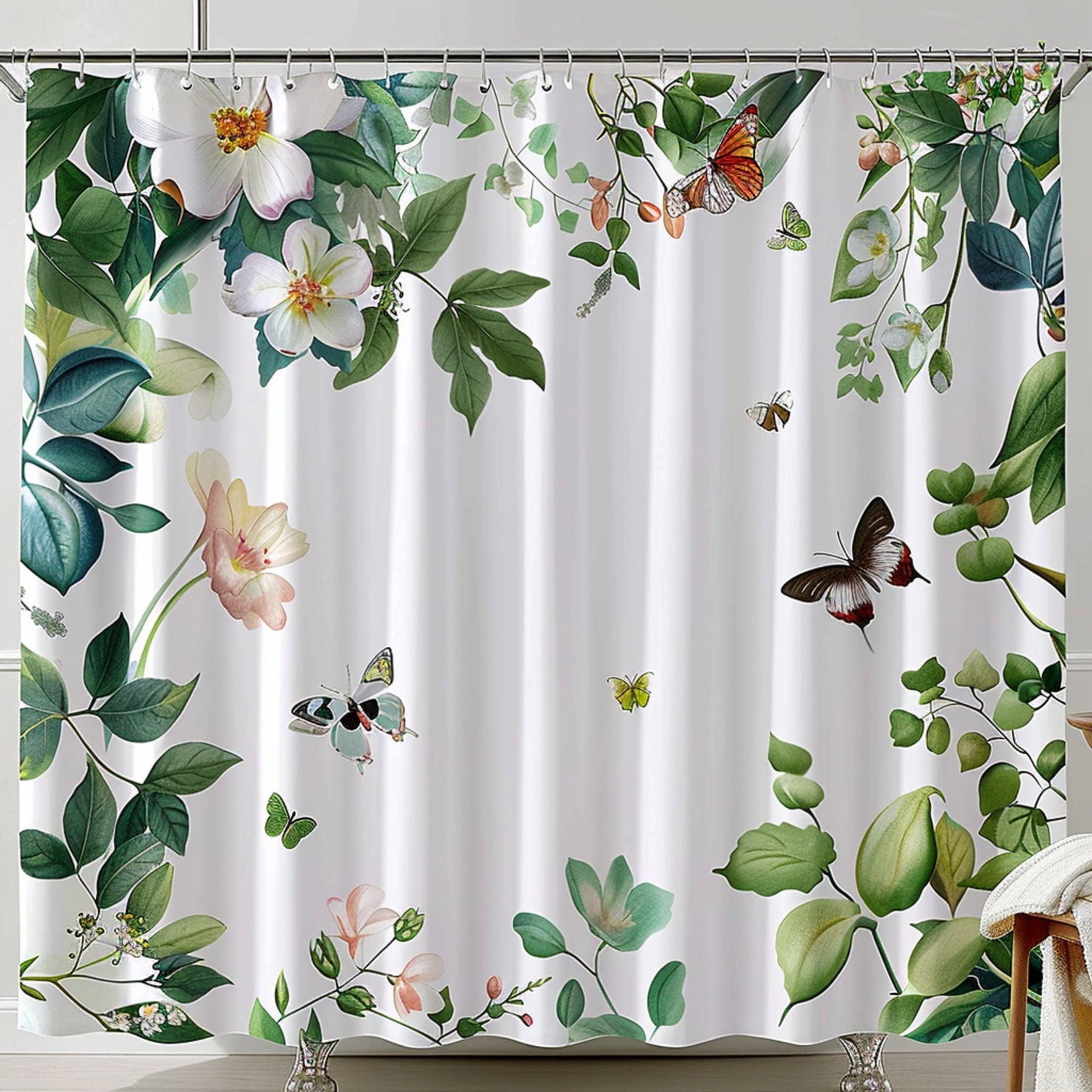 Enchanting Floral & Butterfly Shower Curtain Artistic Design with Green Leaves Flowers ...