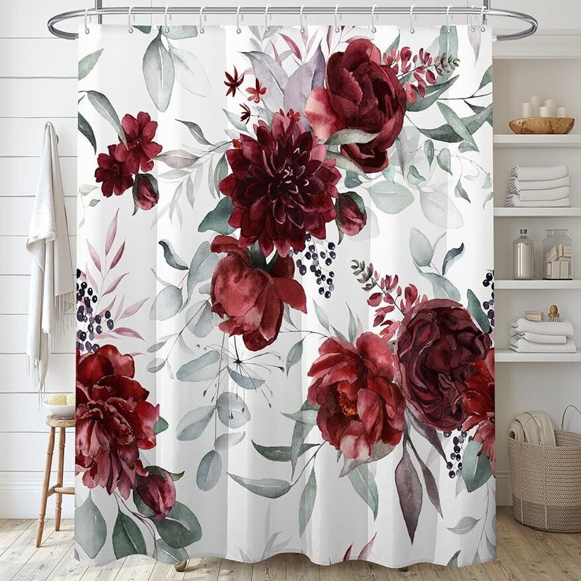 Enchanting Floral Shower Curtain: Vibrant Red Blooms and Serene Sage ...