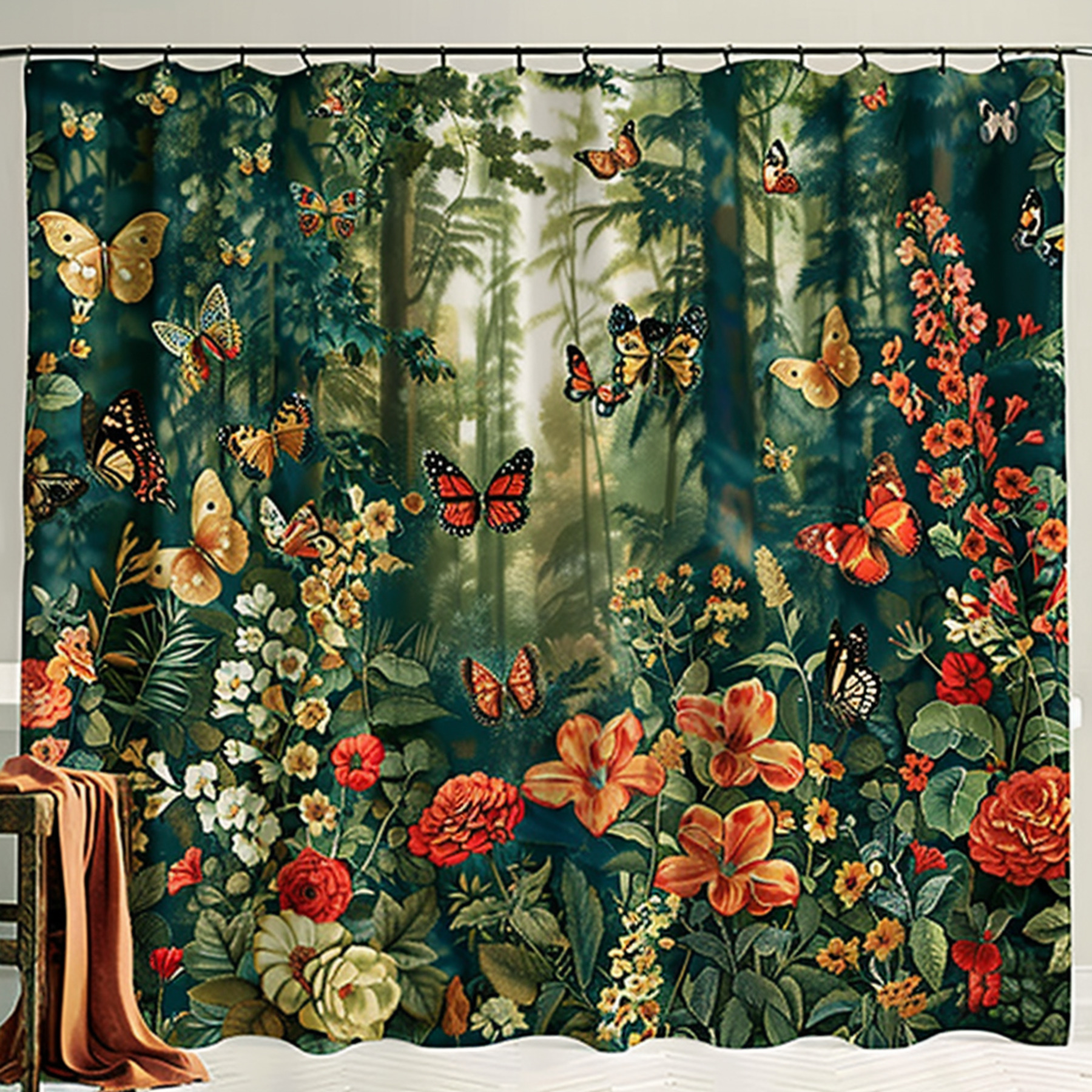 Enchanting Forest Blooms: Boho Style Shower Curtain with Butterflies & Flowers Vintage Oil ...