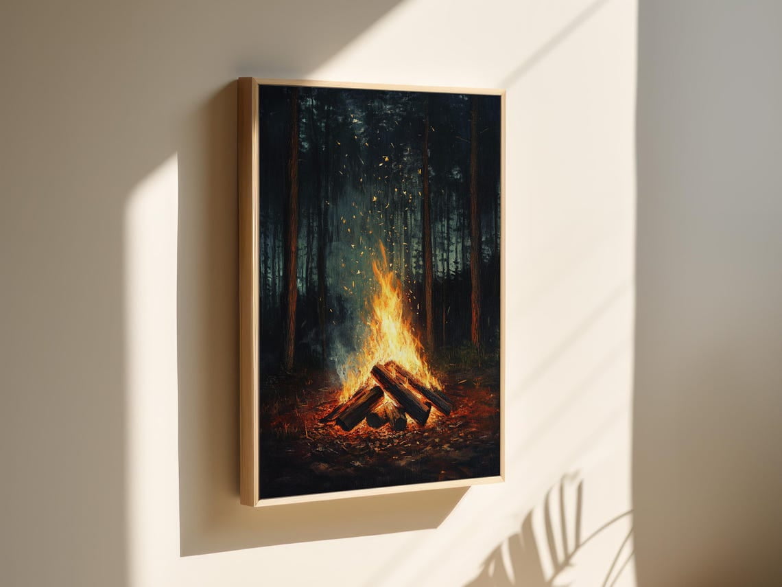 Enchanting Forest Campfire Wall Art - Cozy Rustic Night Scene With ...