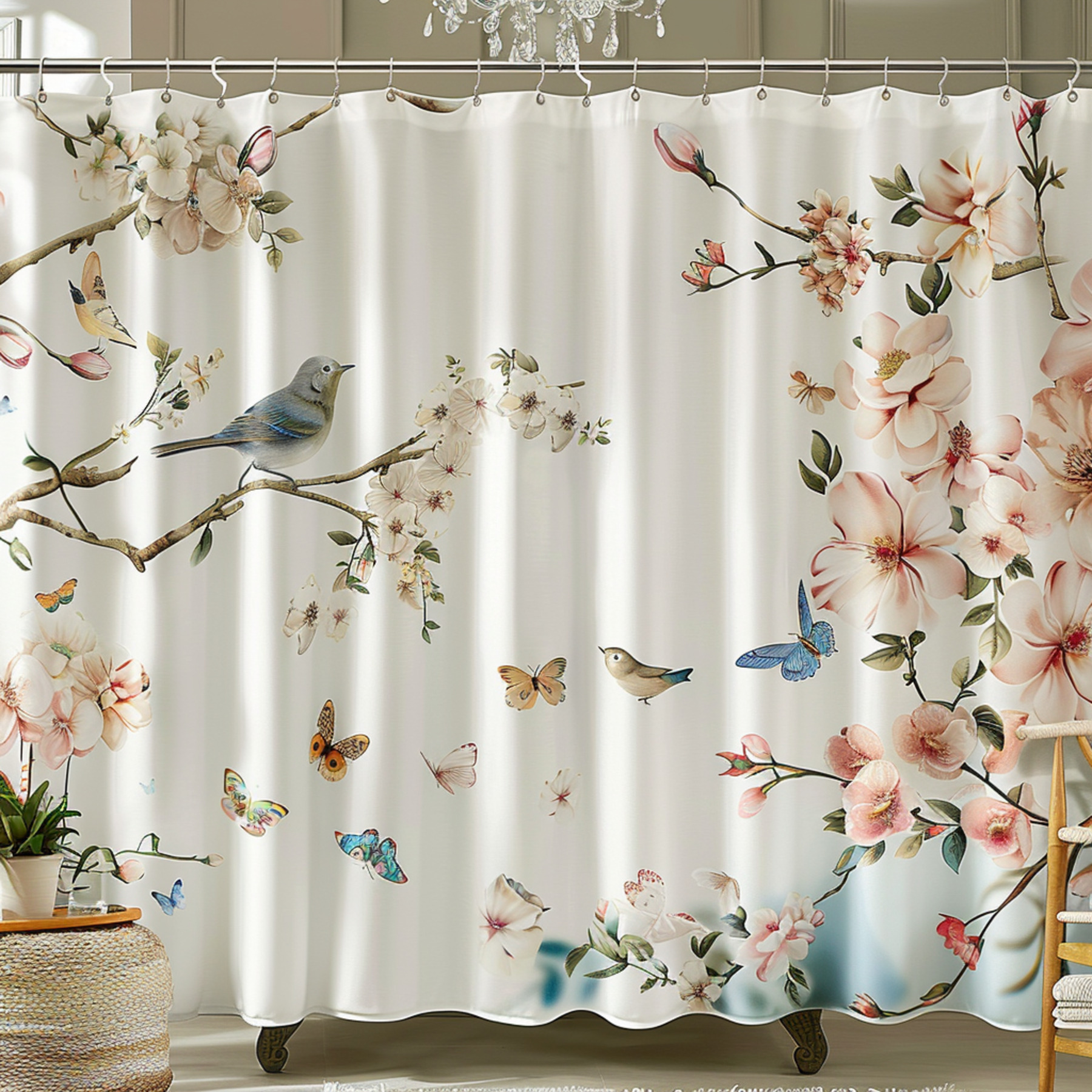 Enchanting Forest Delight Shower Curtain Vibrant Birds Butterflies and Flowers in Ultra ...