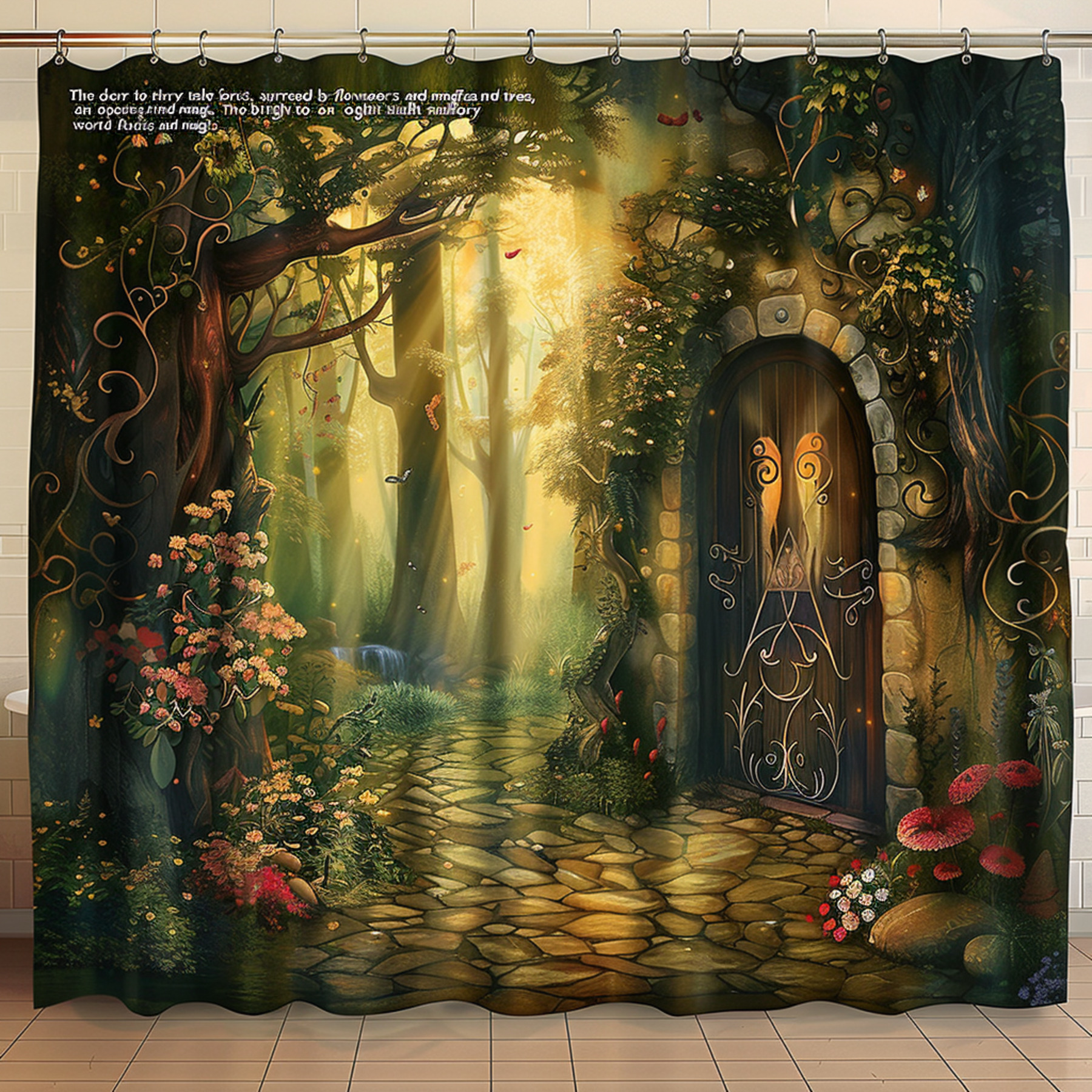 Enchanting Forest Gate Shower Curtain Magical woodland scene with ...