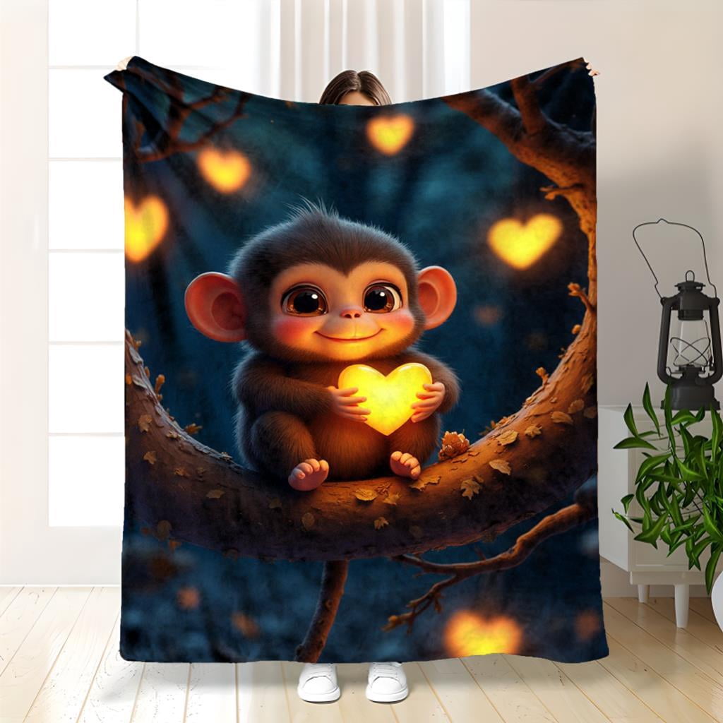 Enchanting Forest Night: Cute Monkey with Glowing Hearts Digital Print ...
