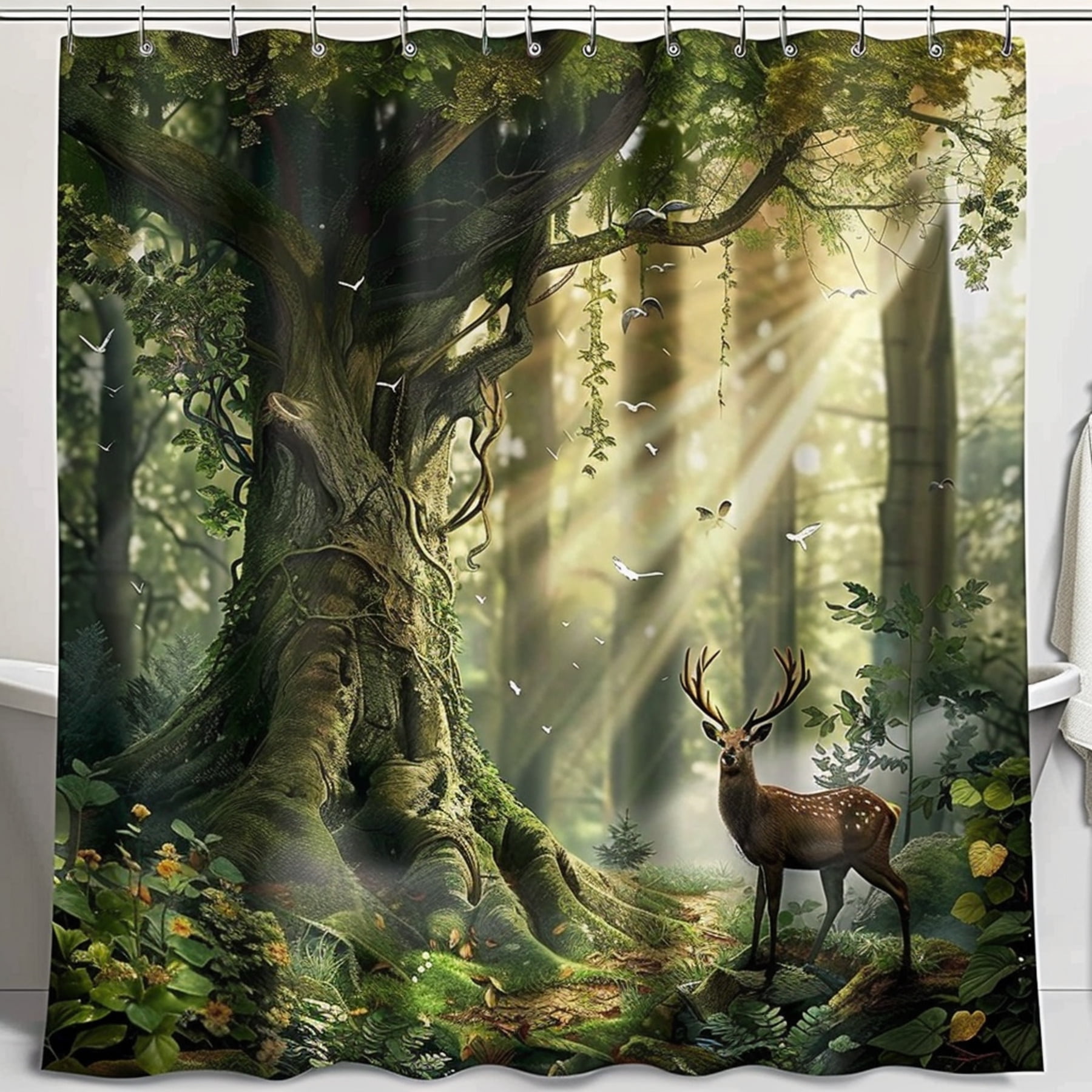 Enchanting Forest Shower Curtain with Deer Birds and Sunlight Rays ...