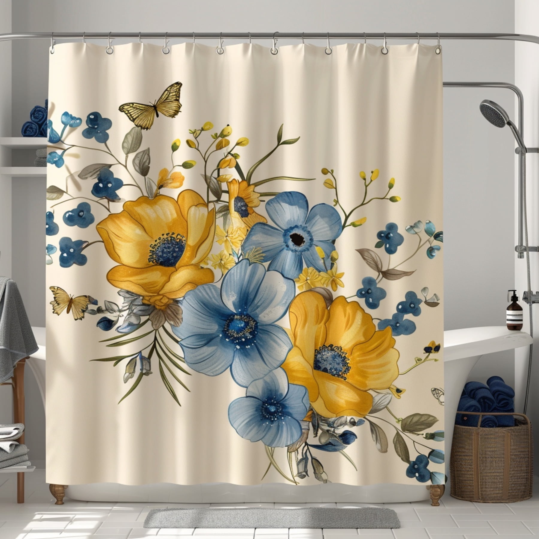 Enchanting Garden Blooms: Yellow & Blue Flowers with Butterfly Design on Cream Background ...