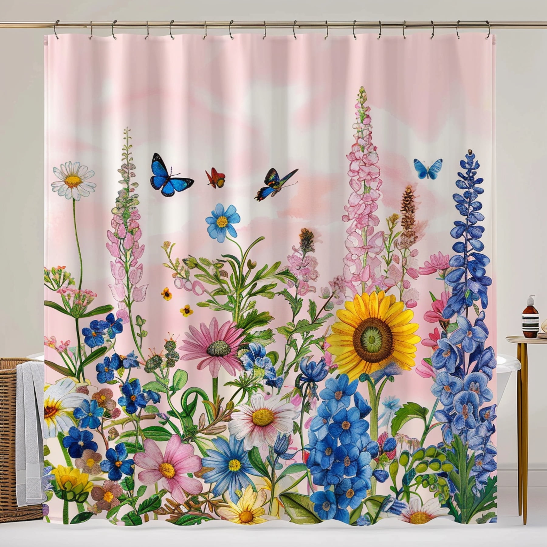 Enchanting Garden Shower Curtain Vibrant Butterflies Flowers and Leaves on Light Pink Background ...