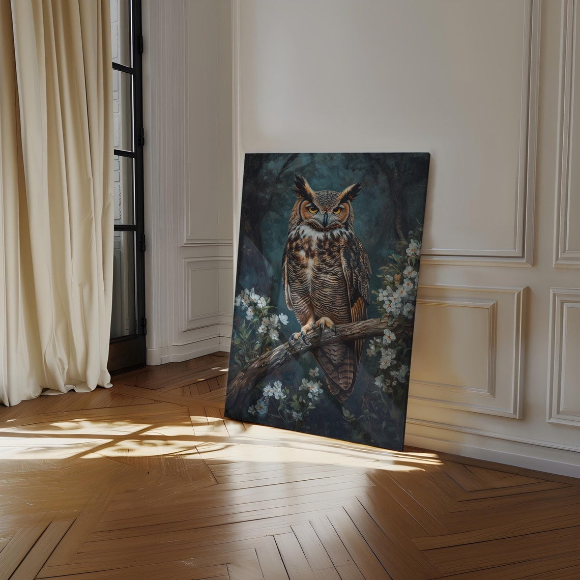 Enchanting Great Horned Owl Art With White Flowers, Wildlife Wall Decor ...