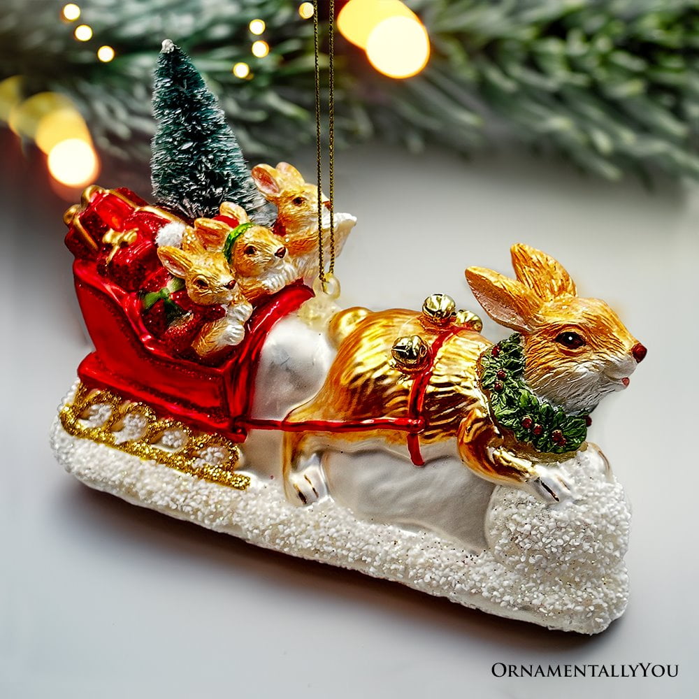 Enchanting Hare and Sleigh Glass Christmas Ornament, Elegant Hand Blown ...