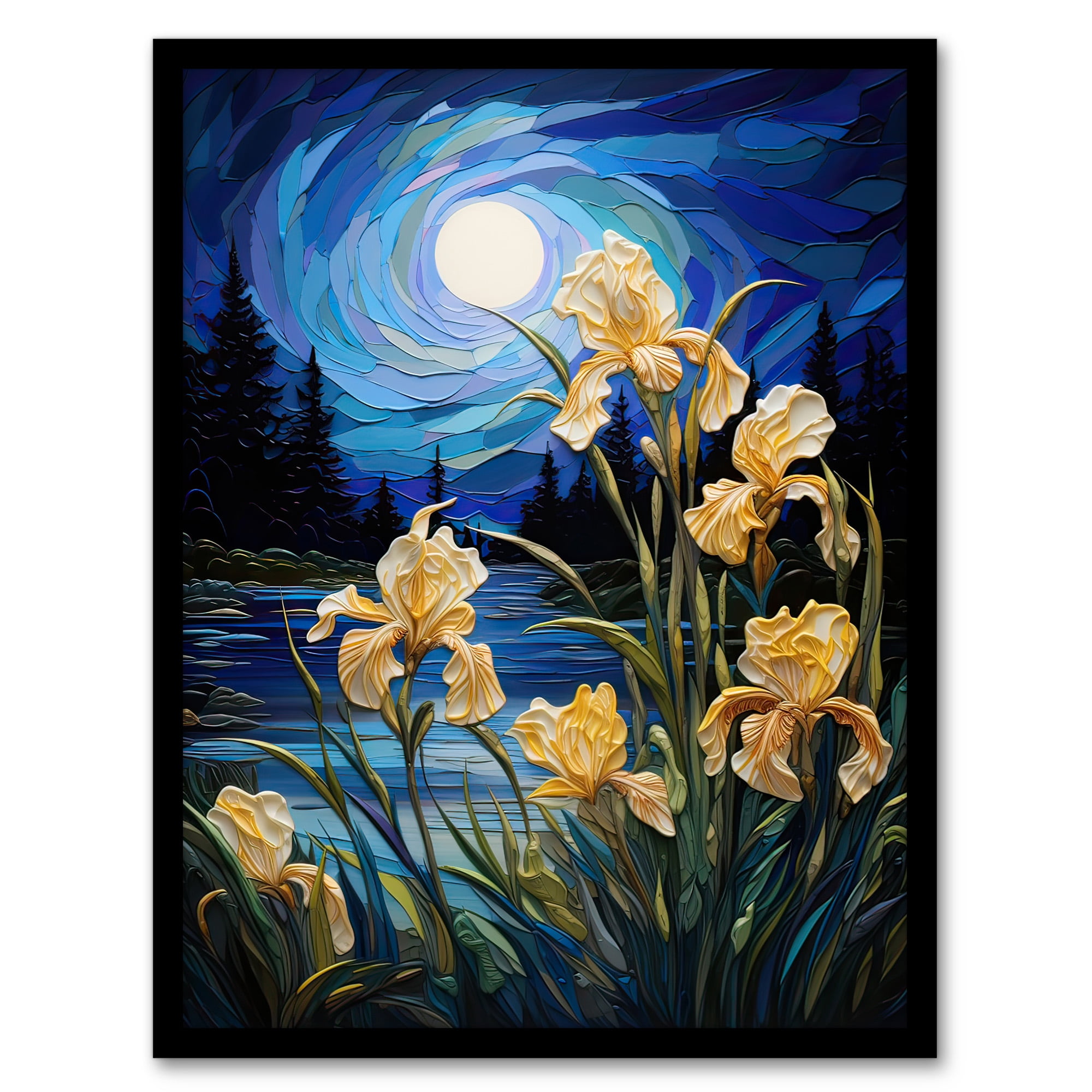 Enchanting Iris Flowers Blooming Fantasy Full Moon Artwork Framed Wall ...